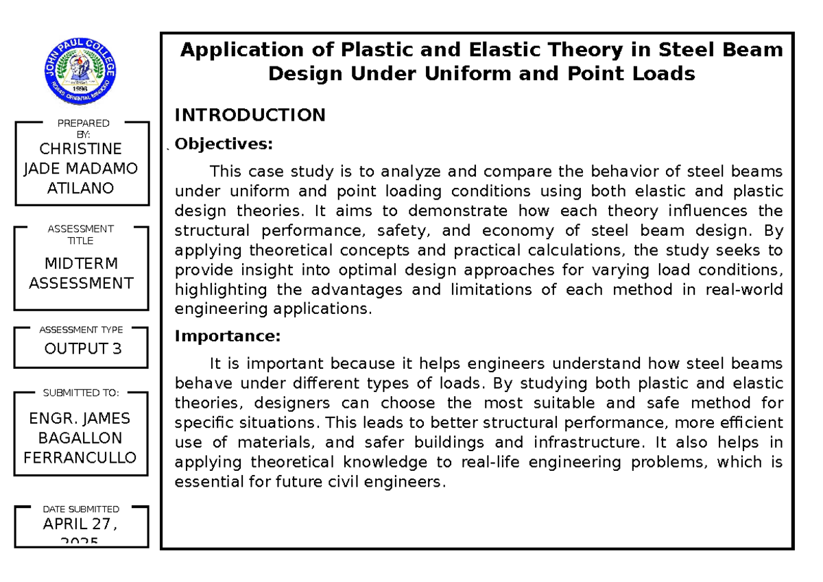 Midterm Assessment: Application of Plastic & Elastic Theory in Steel Beam Design - Studocu