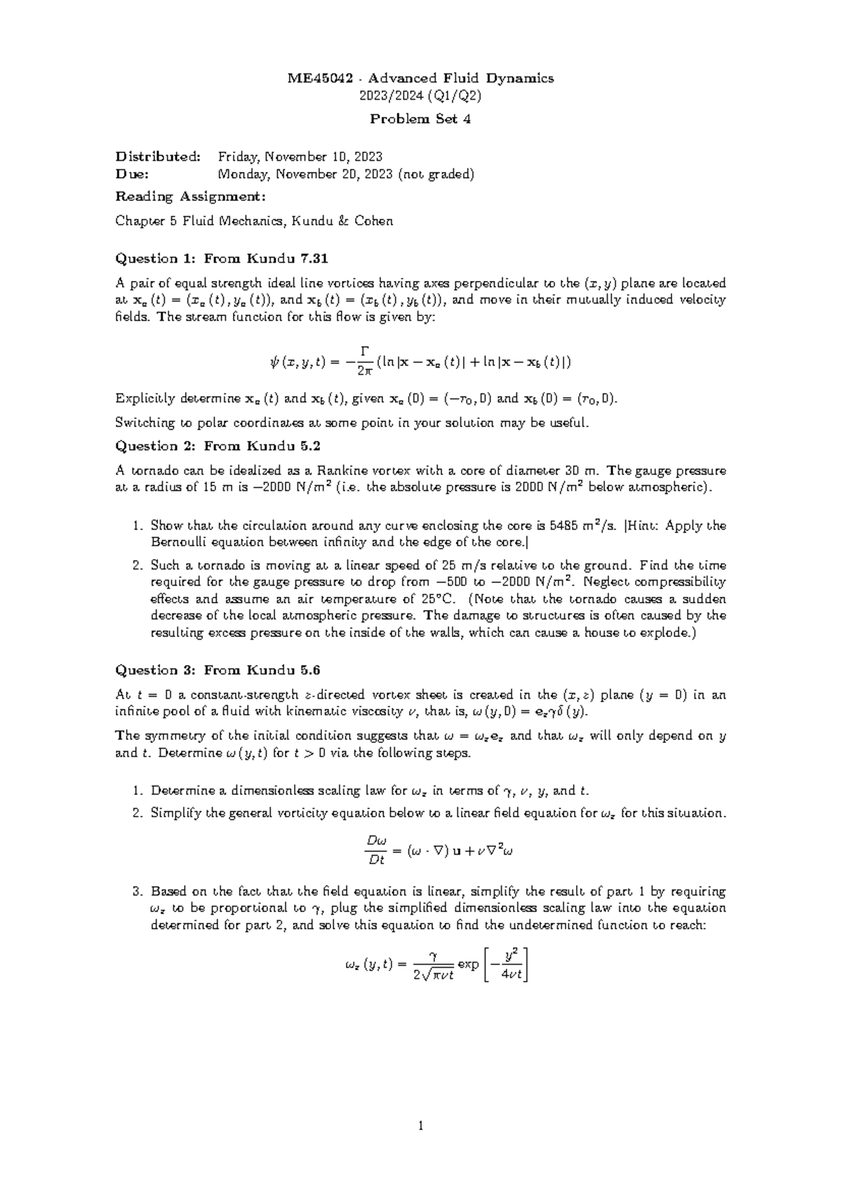 AFD2023 PSet04 - Advanced Fluid Dynamics Vorticity Problems - Studeersnel