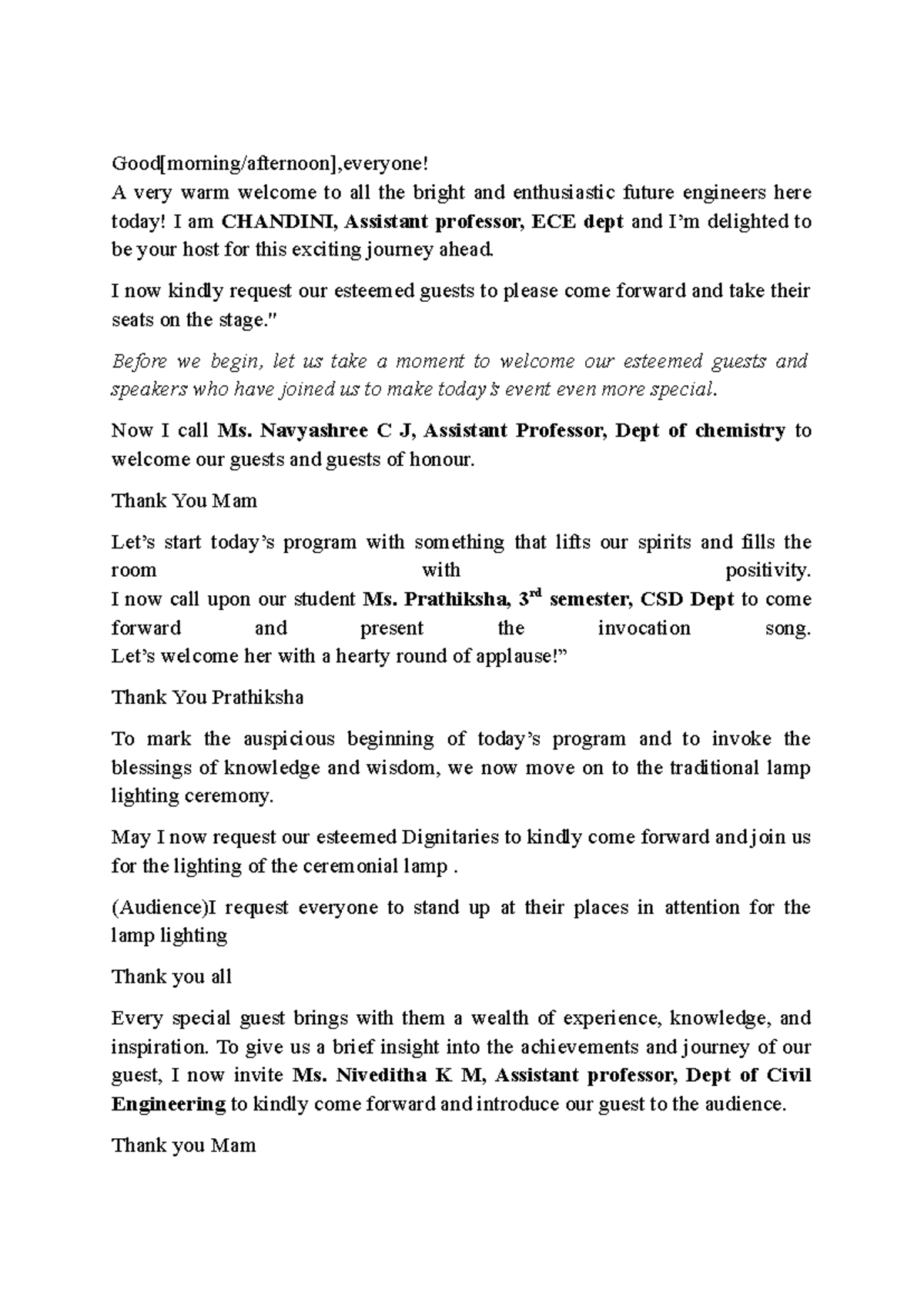 Anchoring Script for ECE Dept Welcome Ceremony - Studocu