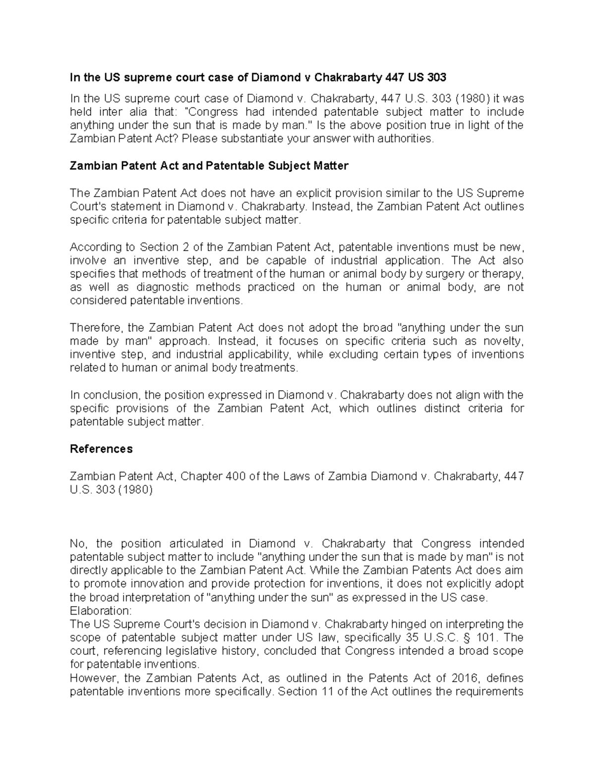 Zambia Patent Law vs. Diamond v. Chakrabarty: A Comparative Analysis ...