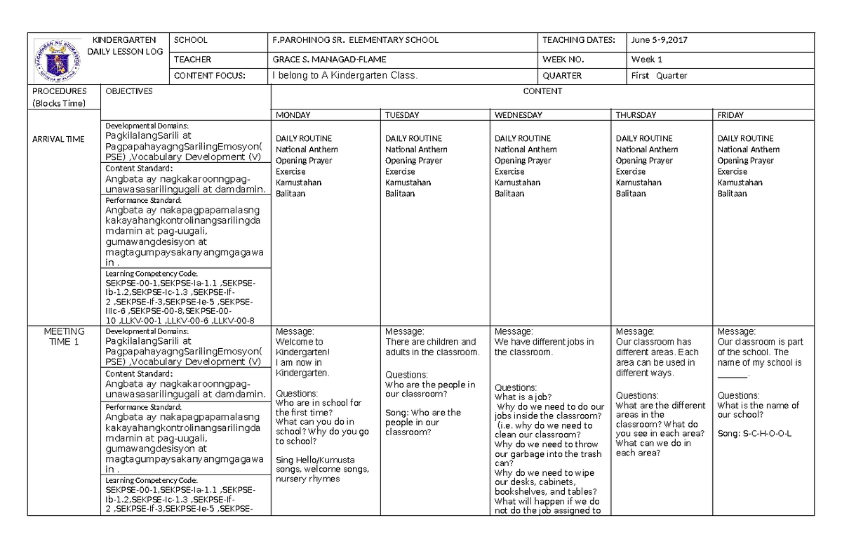 DLL Kindergarten 2017 1ST Quarter (1-2) - KINDERGARTEN DAILY LESSON LOG ...