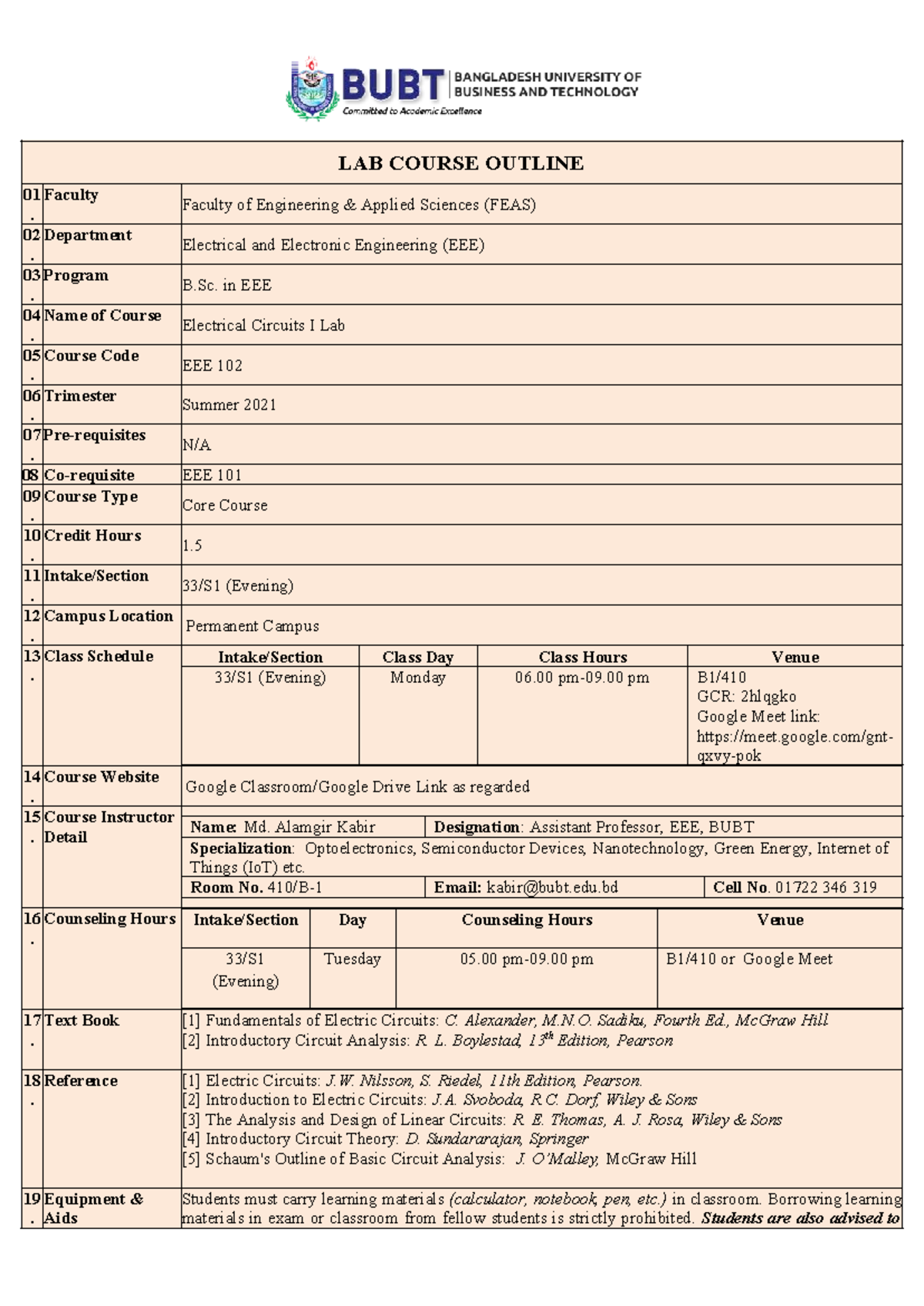 EEE102 Electrical Circuits I Lab Course Outline - Summer 2021 - Studocu