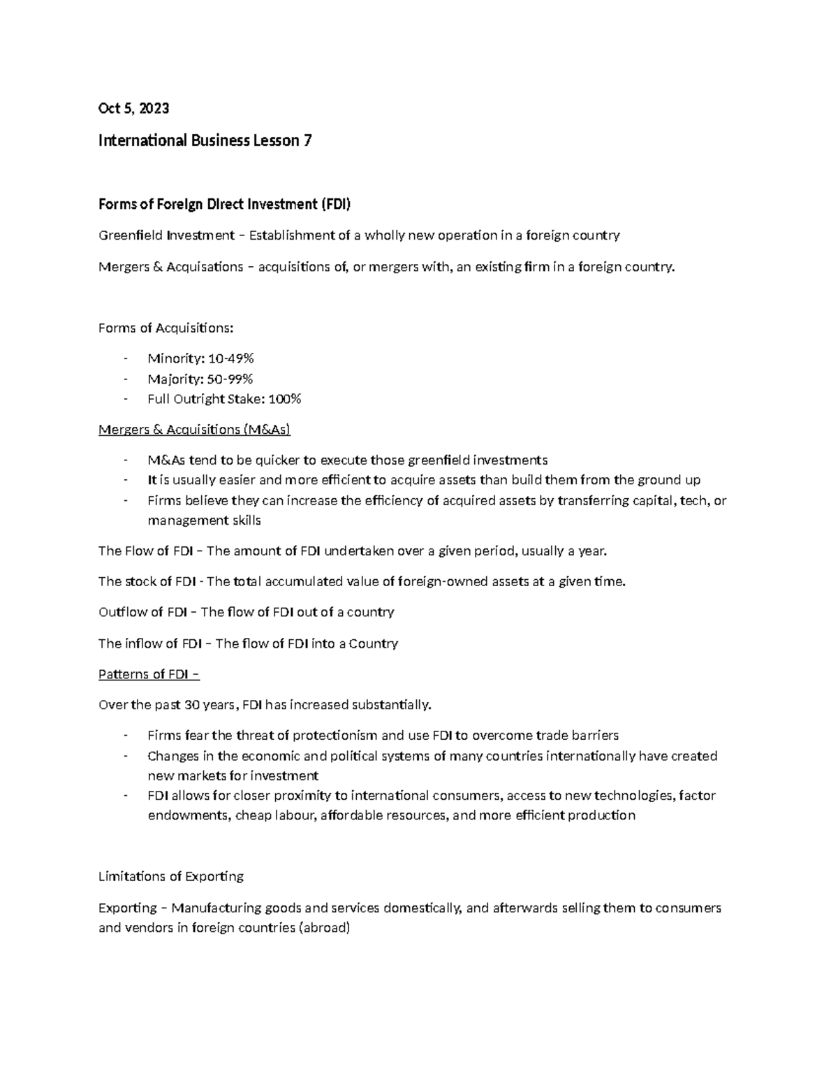 BUSI 2701 Lesson 7: Forms of Foreign Direct Investment (FDI) - Studocu