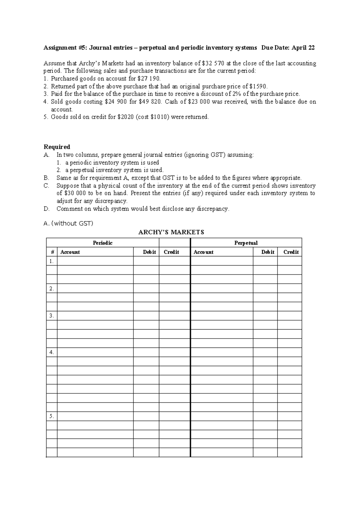Assignment #5: Journal Entries for Perpetual & Periodic Inventory ...