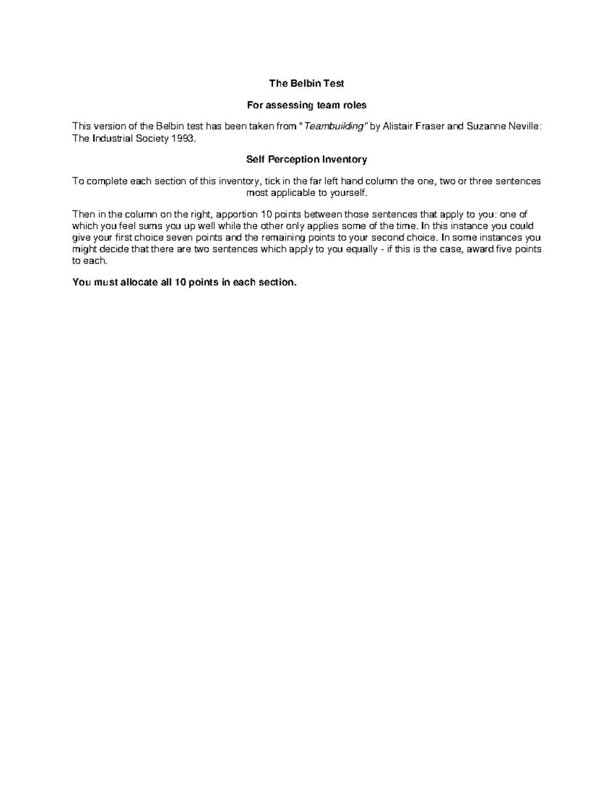 Belbin Test for Team Roles - Assessment Guide - Studocu