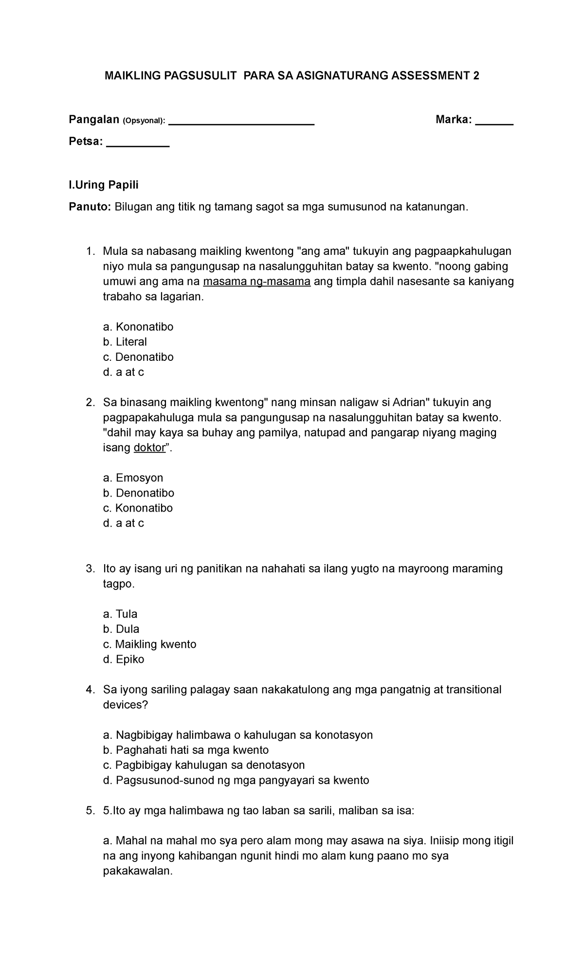 Maikling Pagsusulit PARA SA Asignaturang Assessment 2 - MAIKLING ...