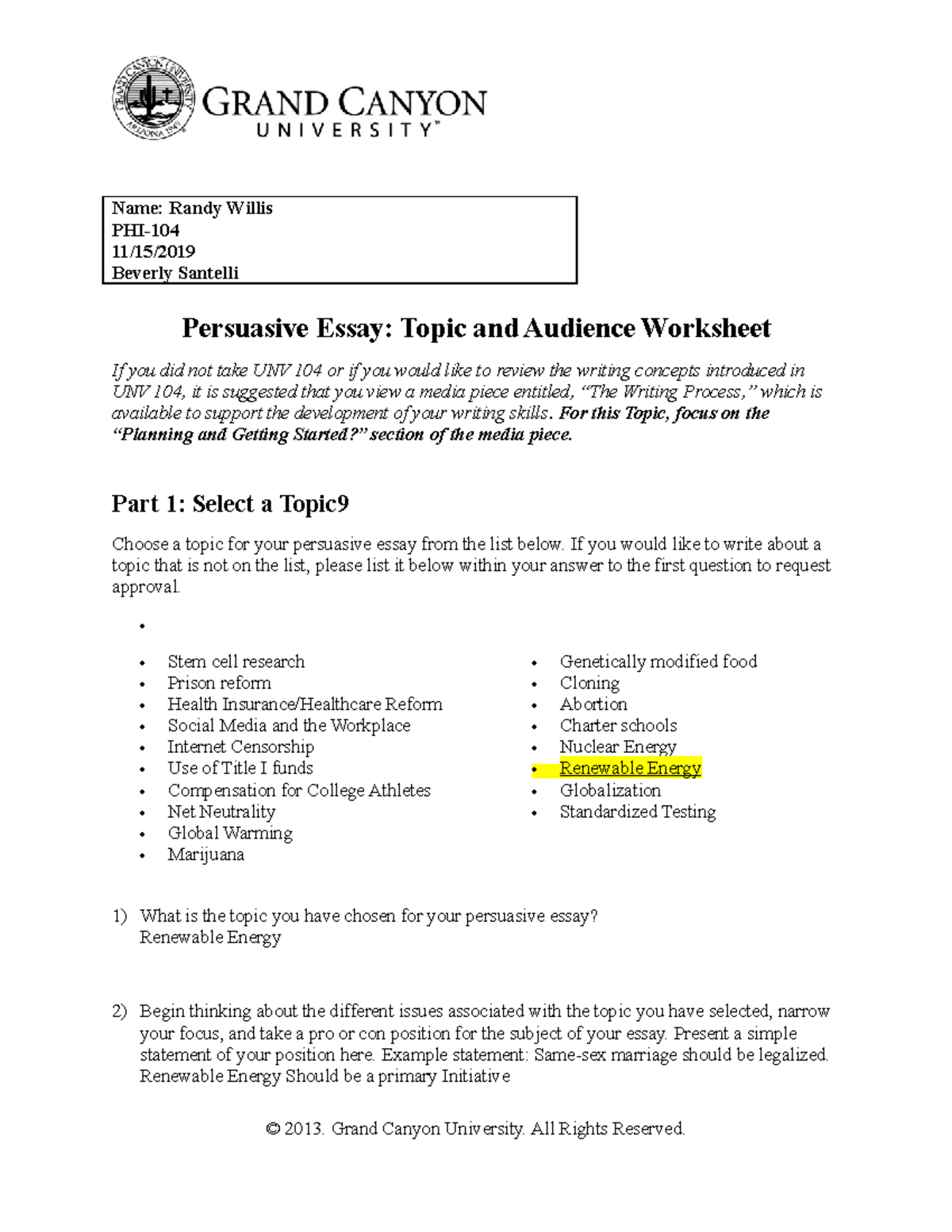 PHI-105 T-1 Persuasive Essay: Topic & Audience Worksheet - Studocu