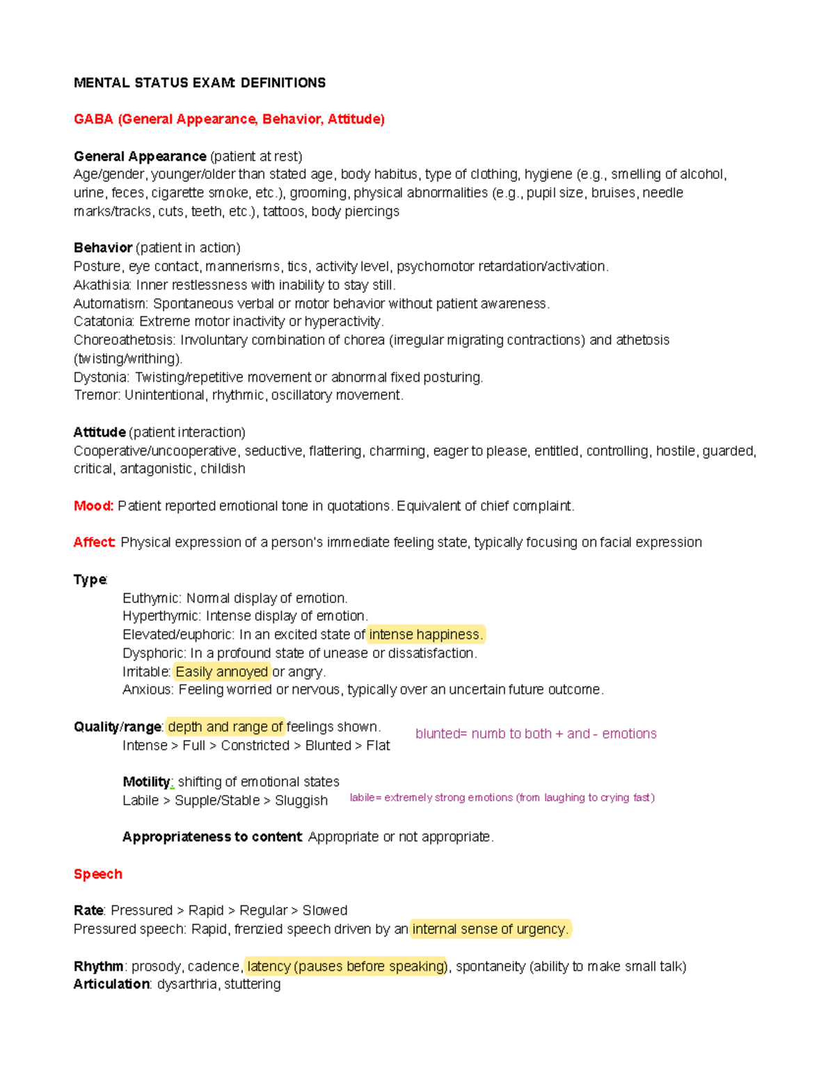 MSE Definitions - MSE assessment - MENTAL STATUS EXAM: DEFINITIONS GABA ...