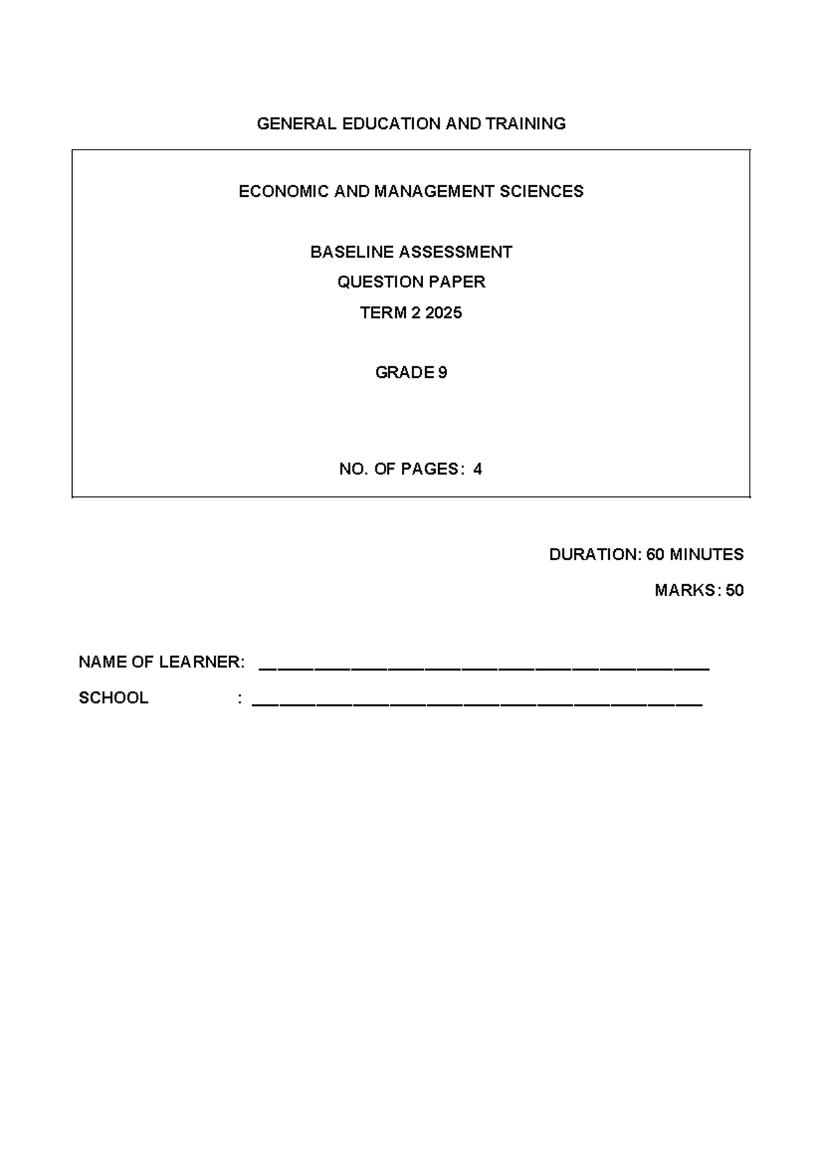 2025 EMS Term 2 Gr. 9 Baseline Assessment Question Paper - Studocu