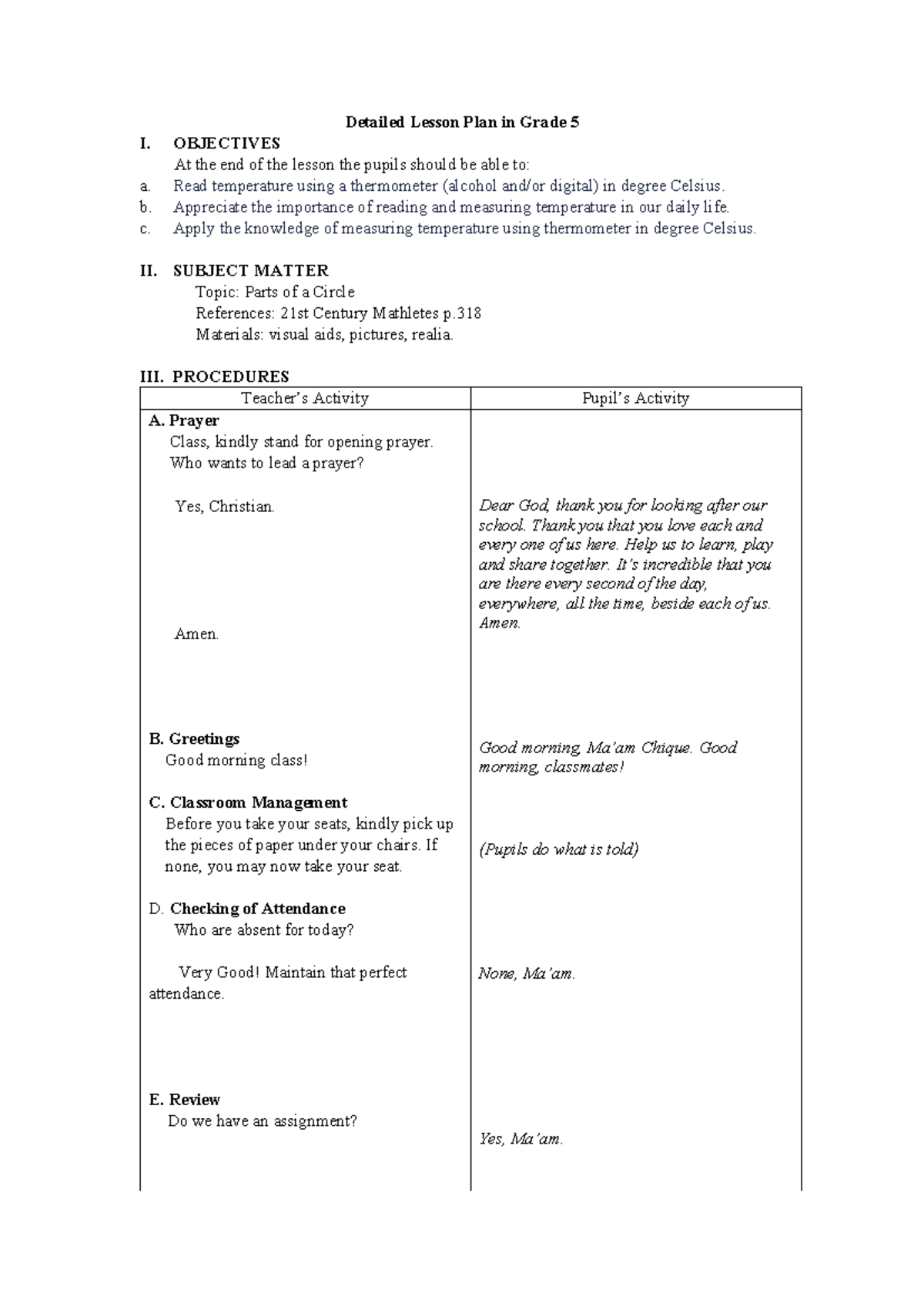 Grade 5 Lesson Plan: Measuring Temperature in Celsius - Studocu