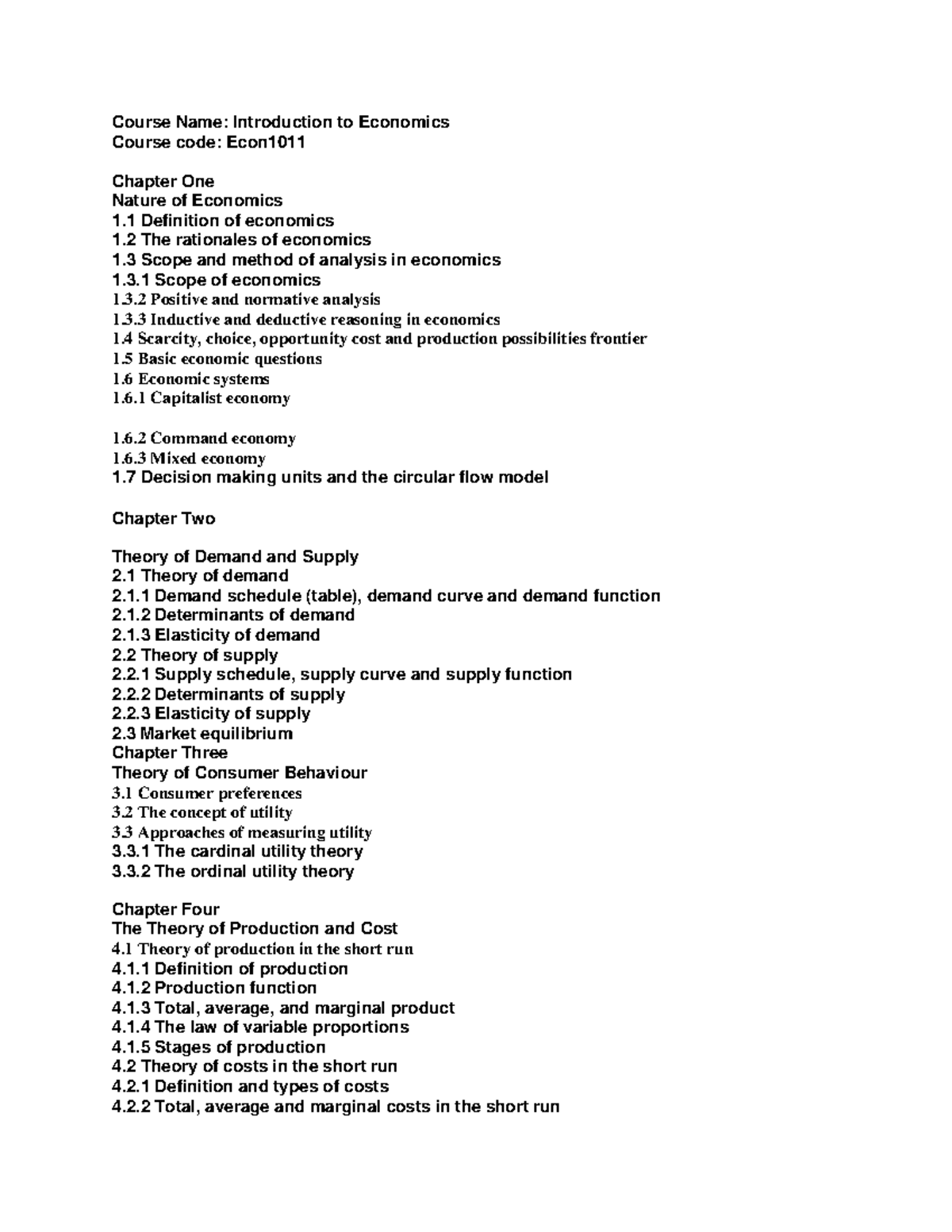 Econ1011: Intro to Economics Course Outline and Key Concepts - Studocu