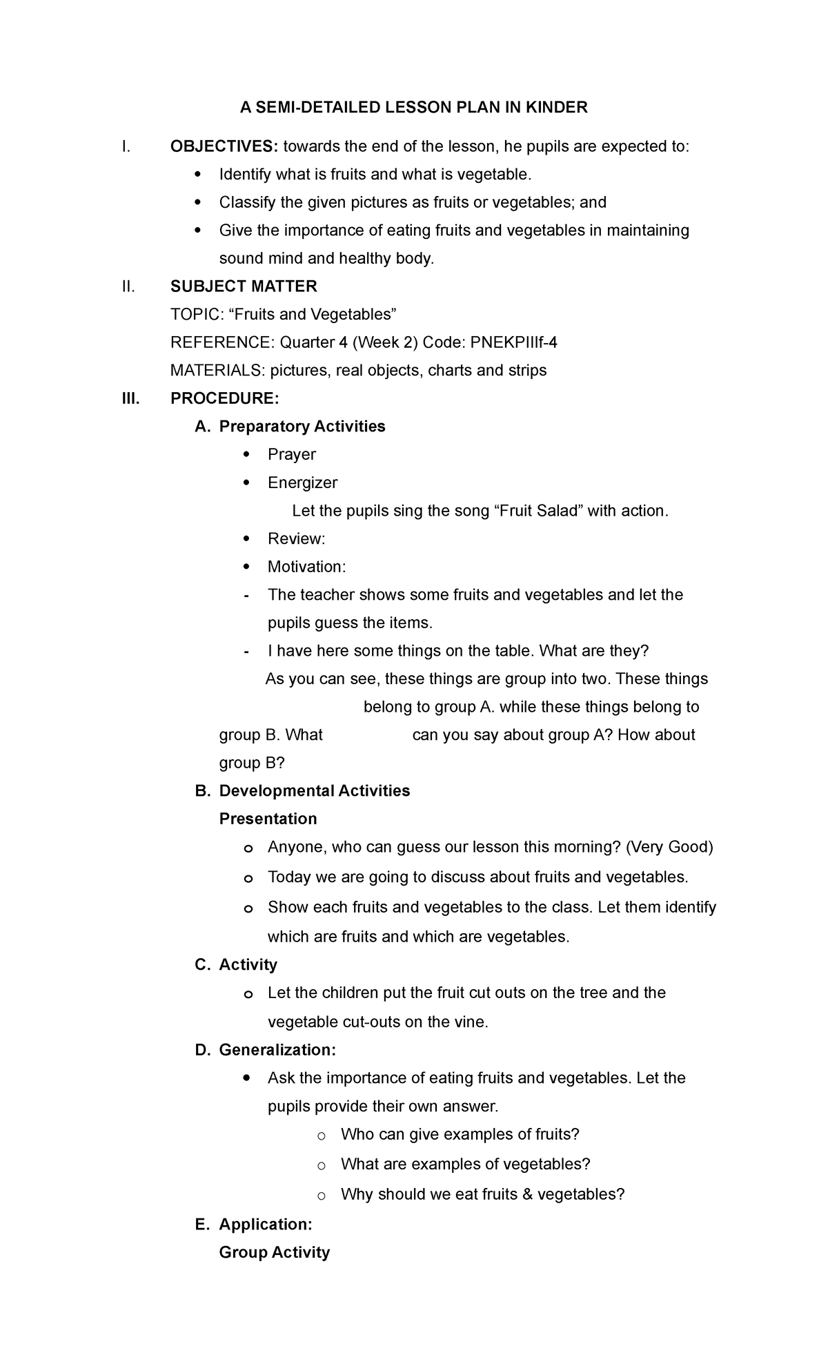 LP 1 - Semi-Detailed Lesson Plan on Fruits & Vegetables for Kinder ...