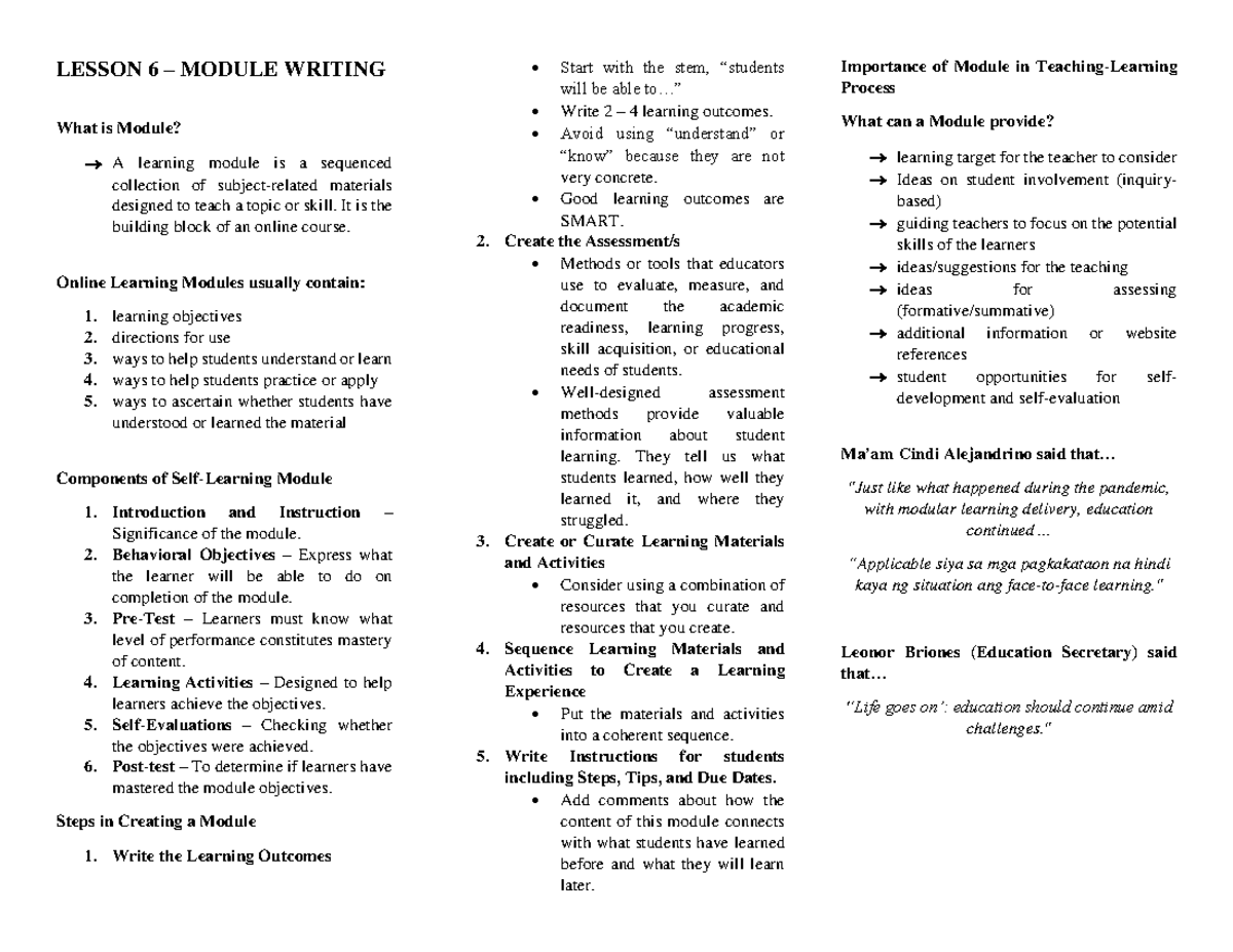 Lesson-6- Reviewer - LESSON 6 – MODULE WRITING What is Module? → A ...