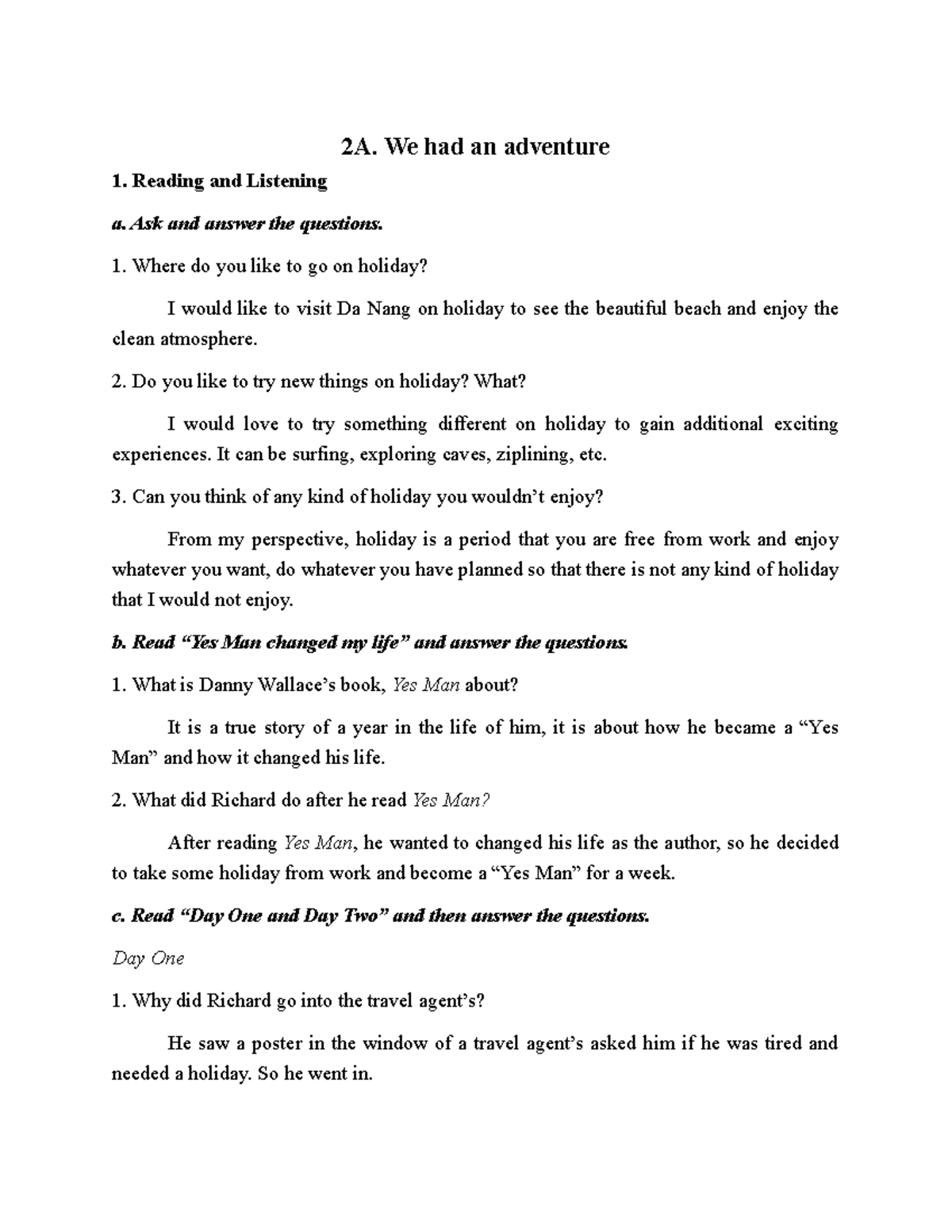 Unit 2A: Travel Adventures - Reading & Listening Activities - Studocu