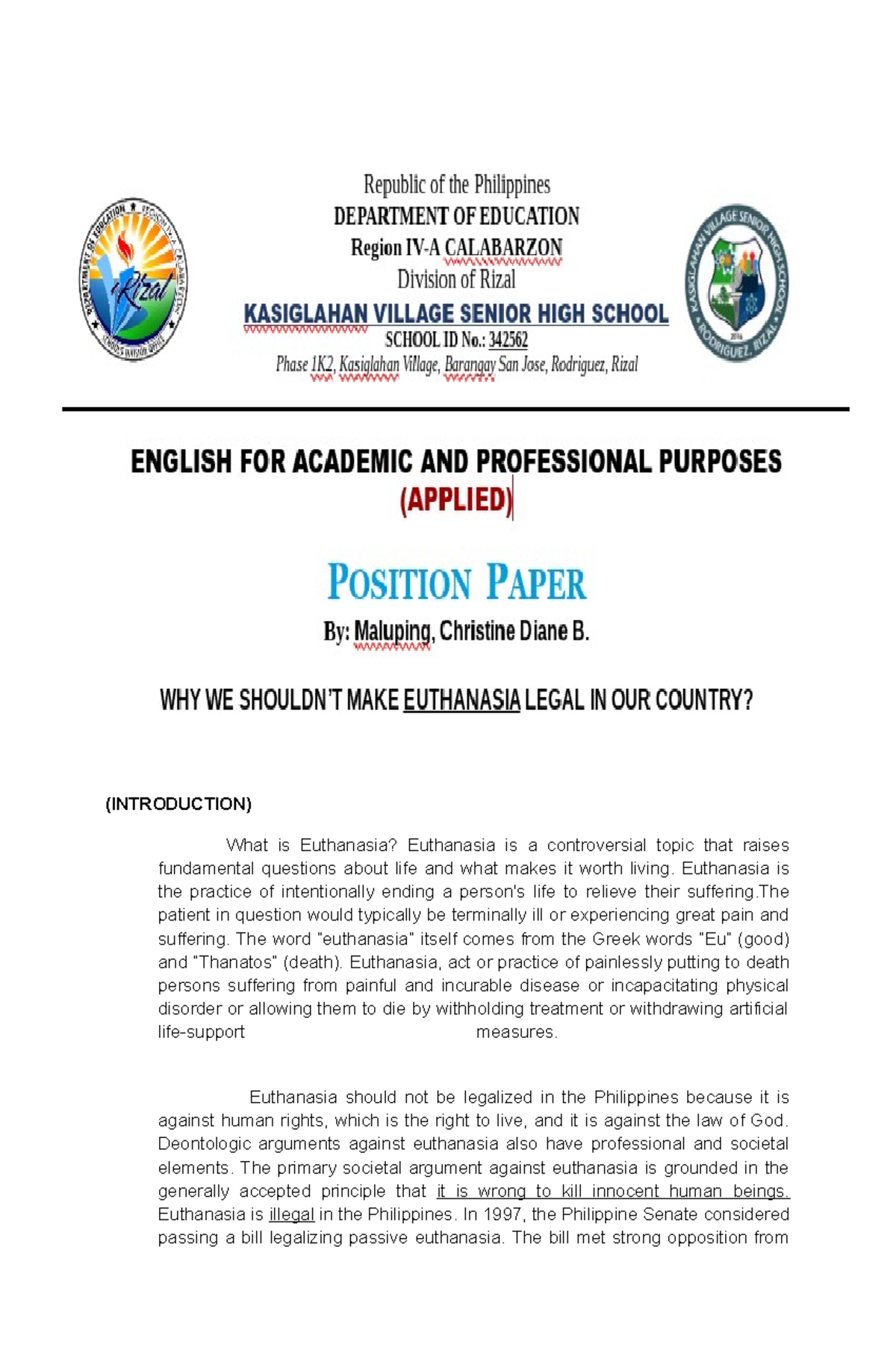 Position Paper on Euthanasia: Ethical, Legal, and Societal Arguments ...