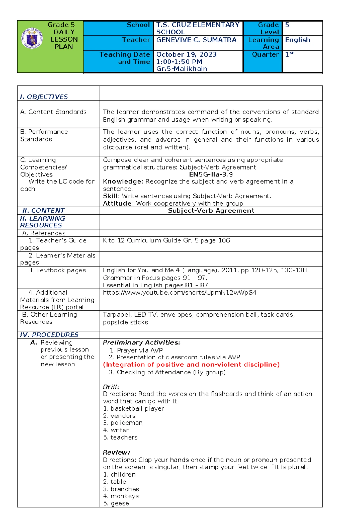 DLL Q2 - Week 4 Lesson Plan for Grade 5: English & MAPEH - Studocu
