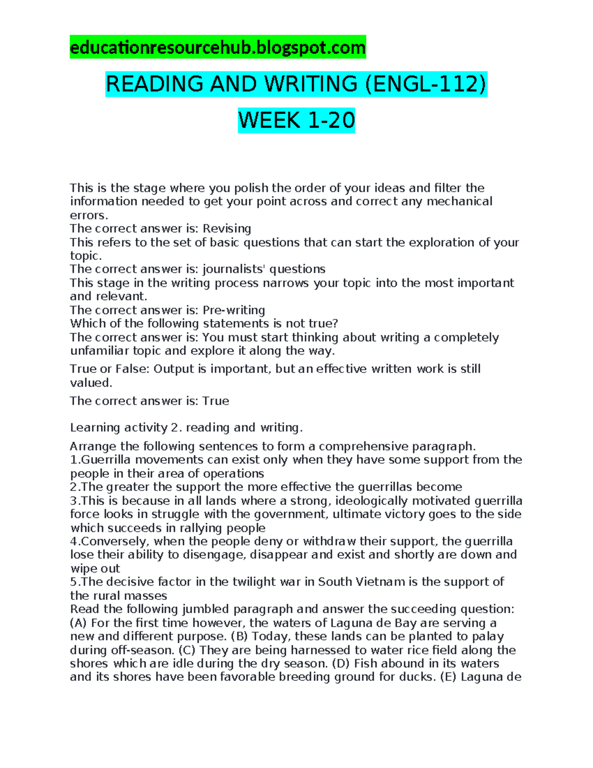 Reading and Writing (ENGL-112) Grade 11: Week 1-20 Study Guide - Studocu