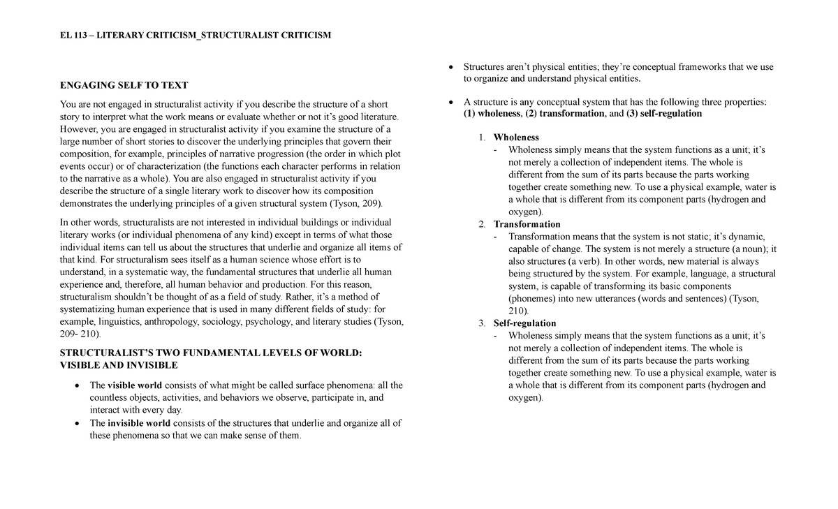 EL 113 Final Exam Reviewer: Literary Criticism and Structuralism - Studocu