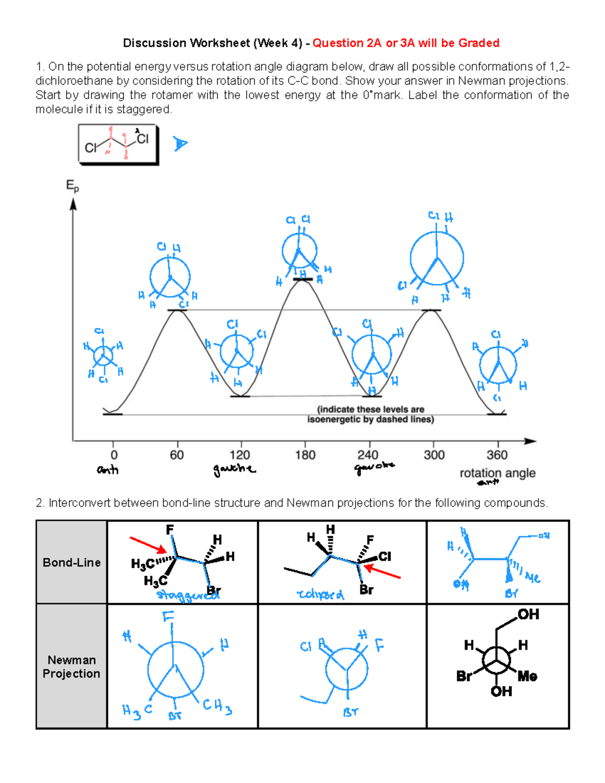 人 Discussion Worksheet (Week 4): Newman Projections & Conformations ...