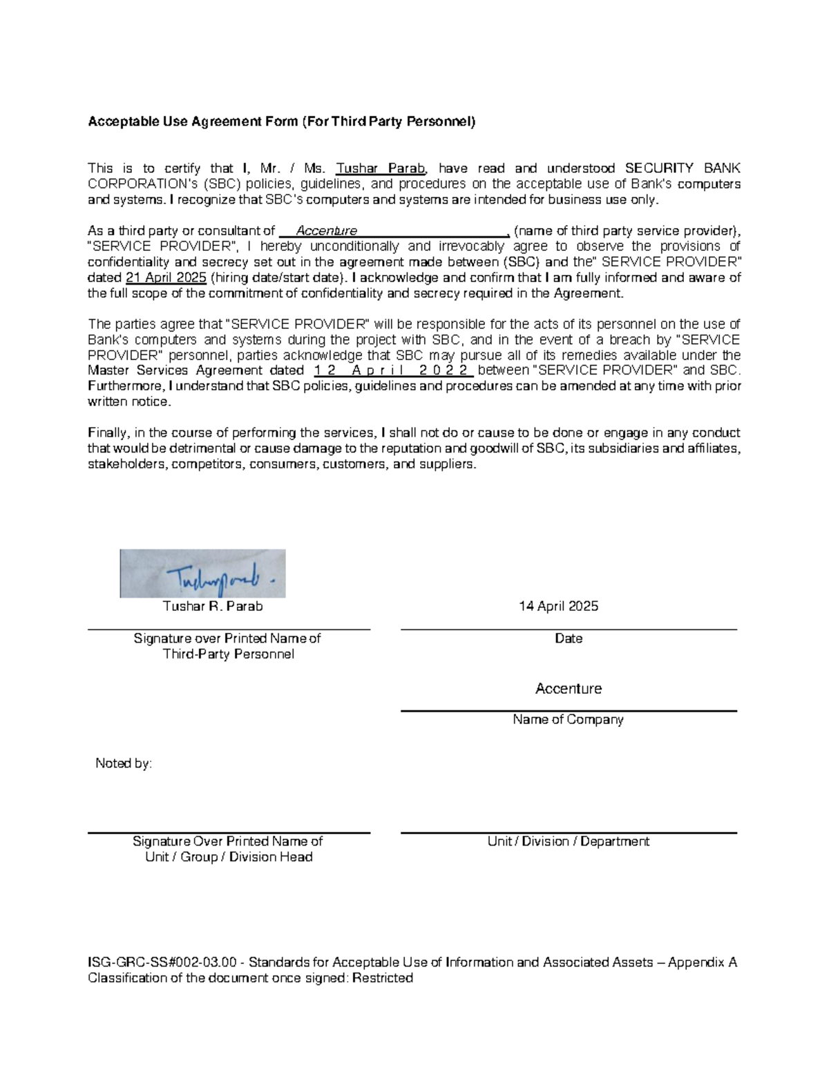 Acceptable Use Agreement Form (For Third Party Personnel) - / Ms ...