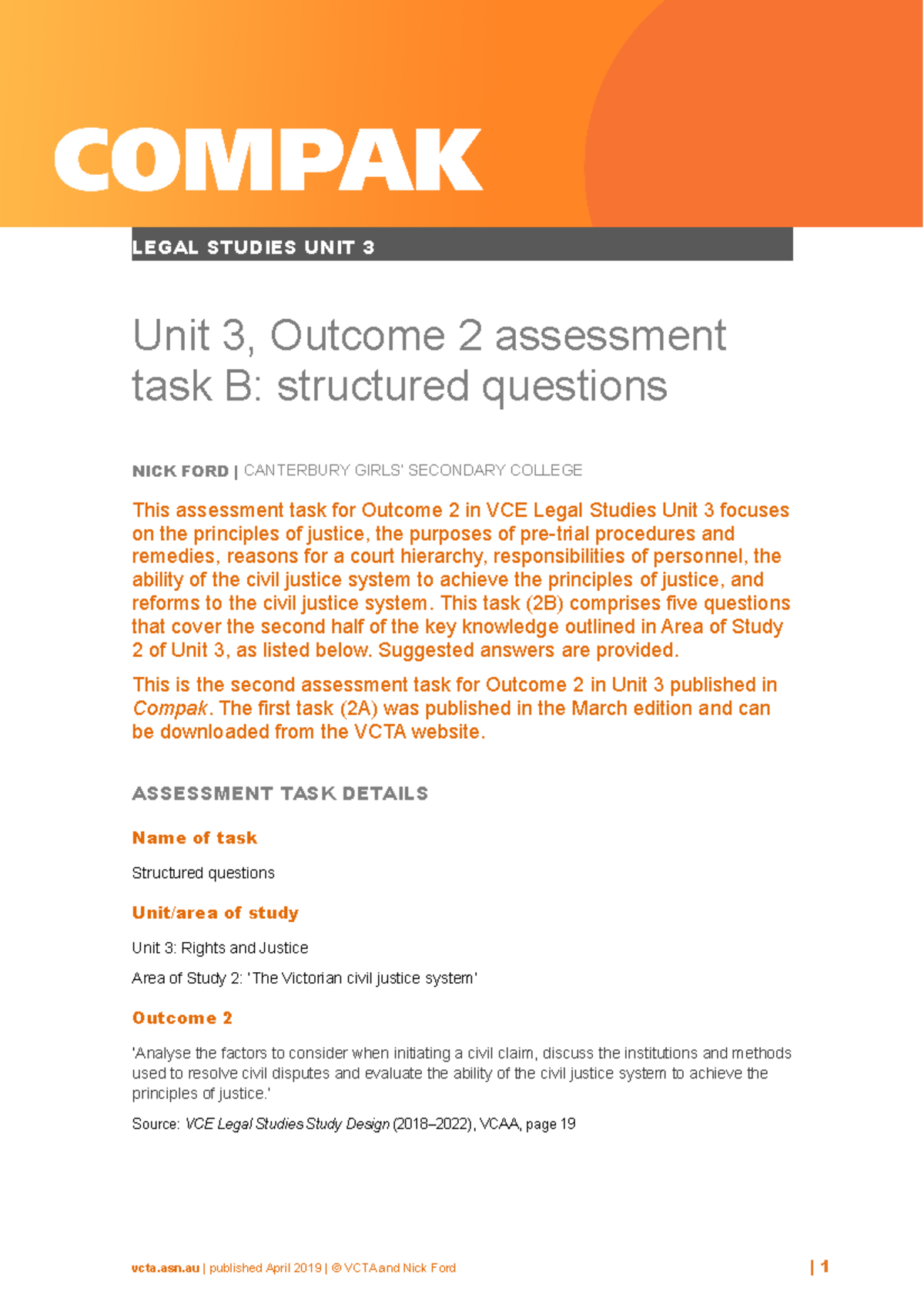 VCTA Unit 3 AOS 2 Part B Revision Worksheet - LEGAL STUDIES UNIT 3 Unit ...
