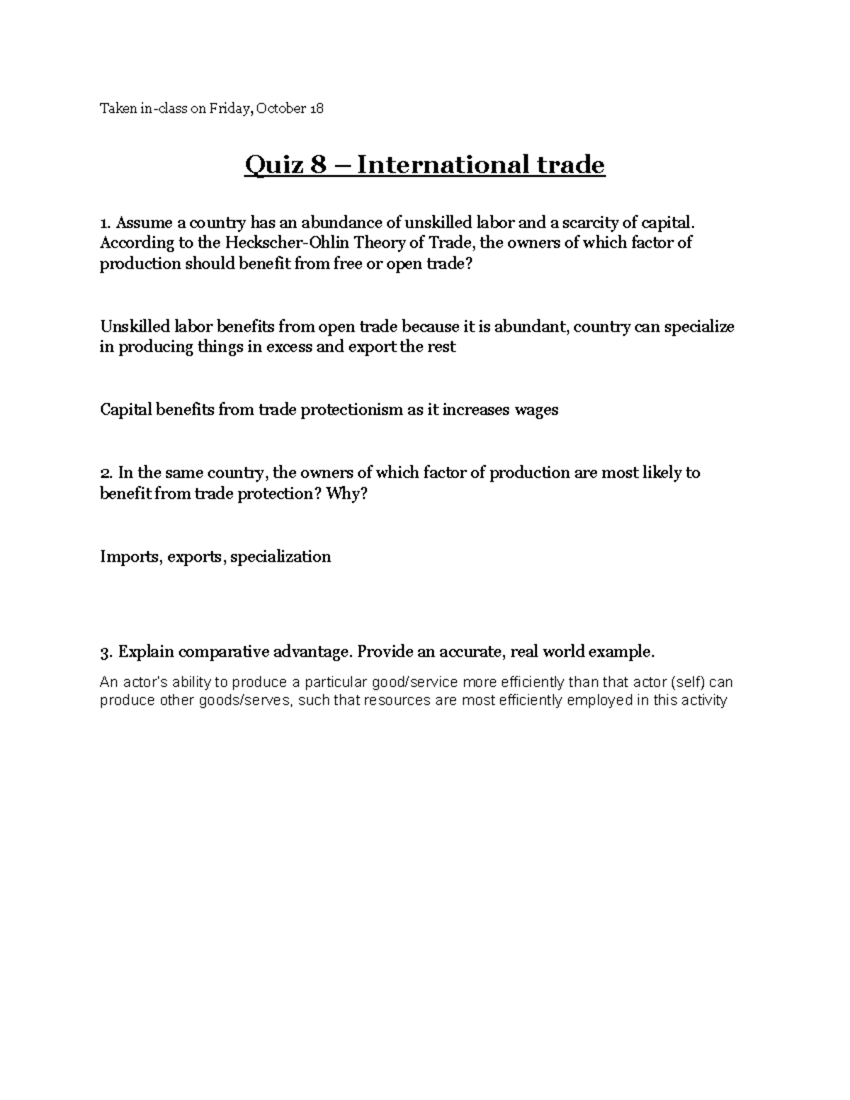 Quiz8 International Trade - Taken in-class on Friday, October 18 Quiz 8 ...