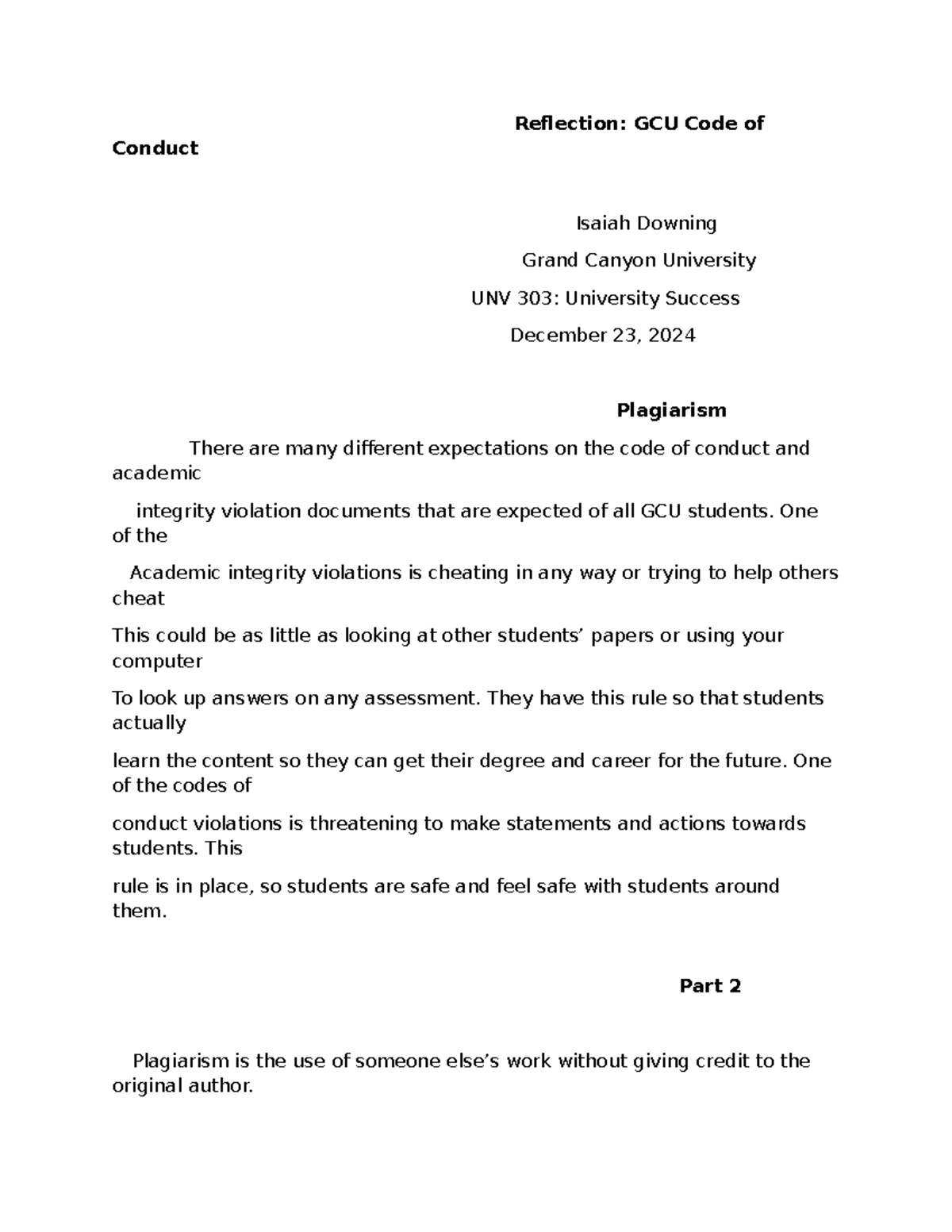 Reflection - n/a - Reflection: GCU Code of Conduct Isaiah Downing Grand ...