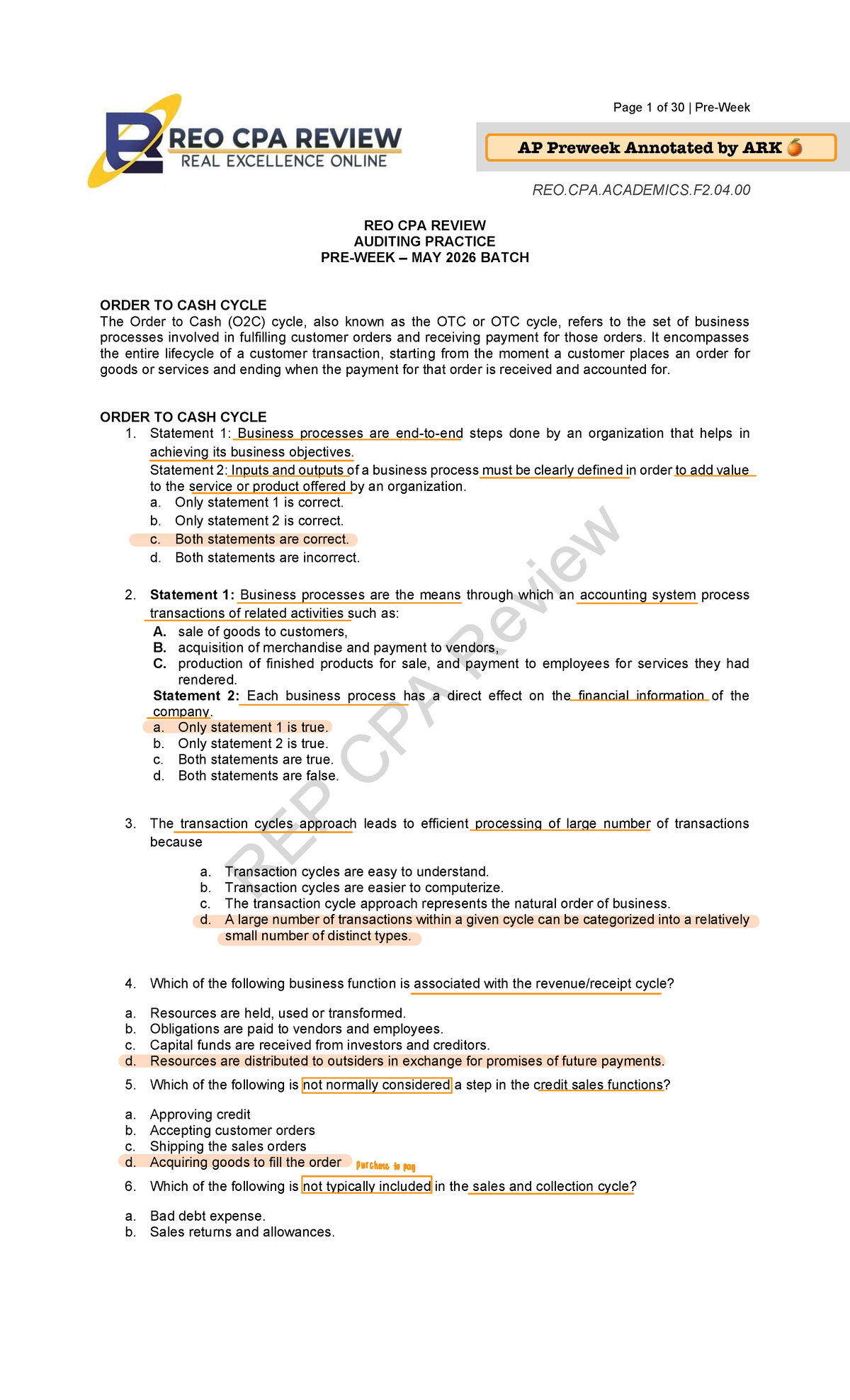 AP Preweek Annotated Notes: Order to Cash Cycle - May 2026 Batch - Studocu