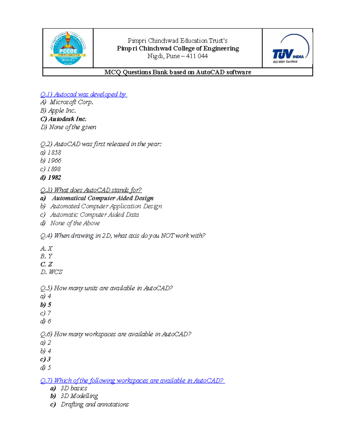 AutoCAD MCQ Question Bank: Essential Guide for Exam Prep - Studocu