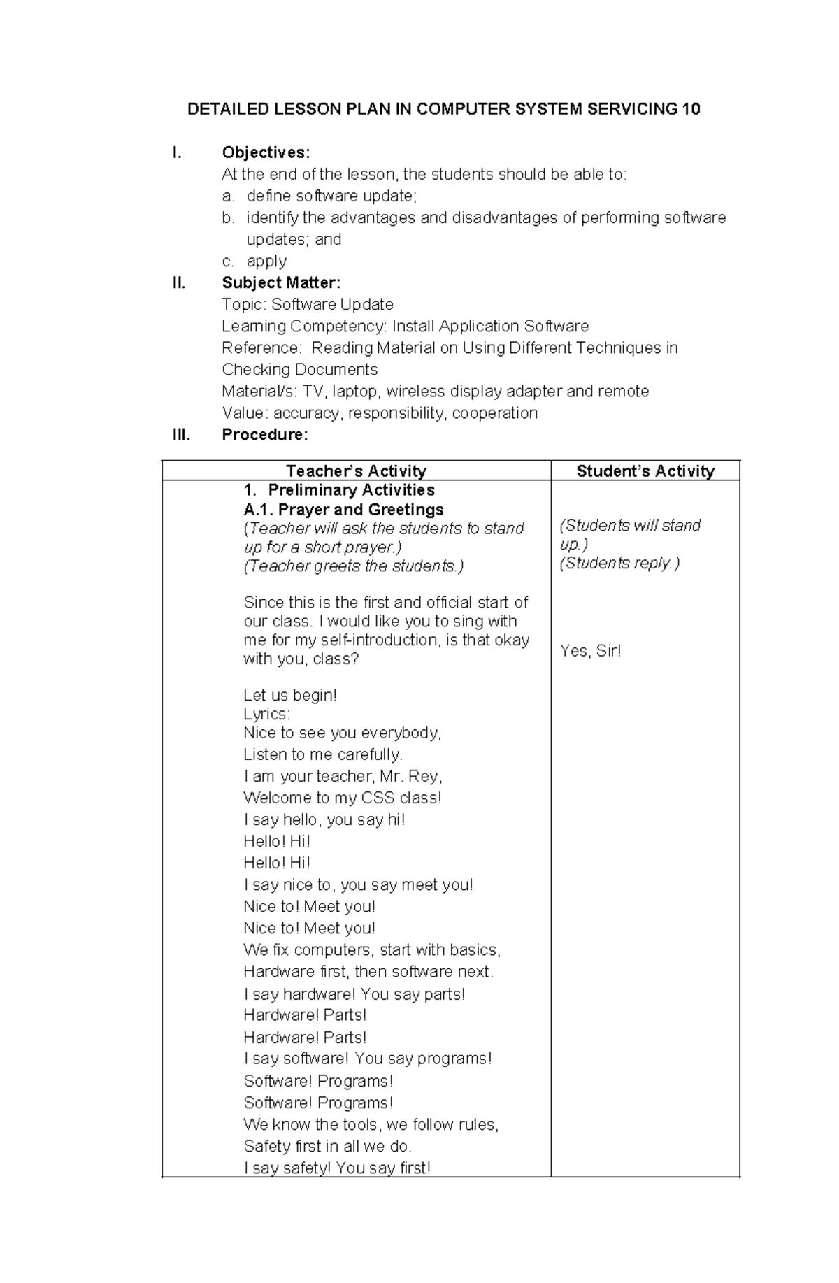 DETAILED LESSON PLAN: COMPUTER SYSTEM SERVICING 10 - Studocu