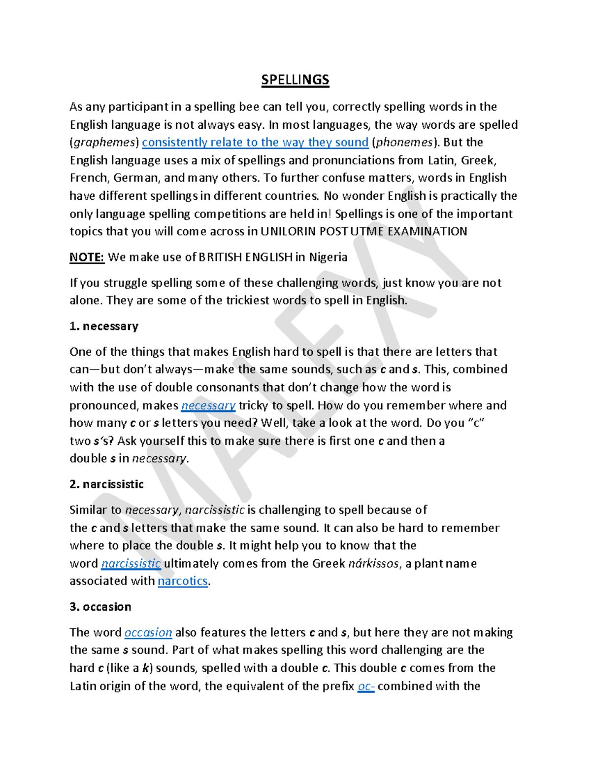 Spellings for UNILORIN POST UTME Exam Preparation - Studocu