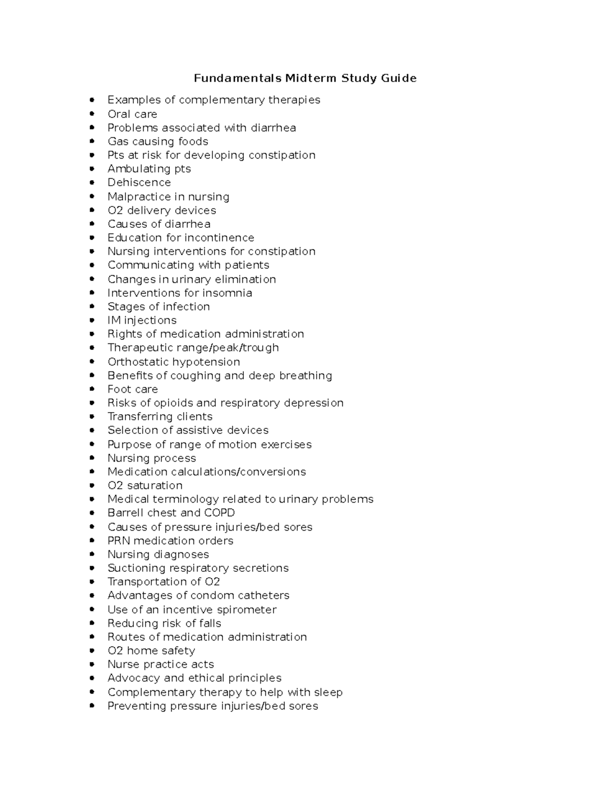 Fundamentals Nursing Midterm Study Guide: Key Topics & Interventions - Studocu