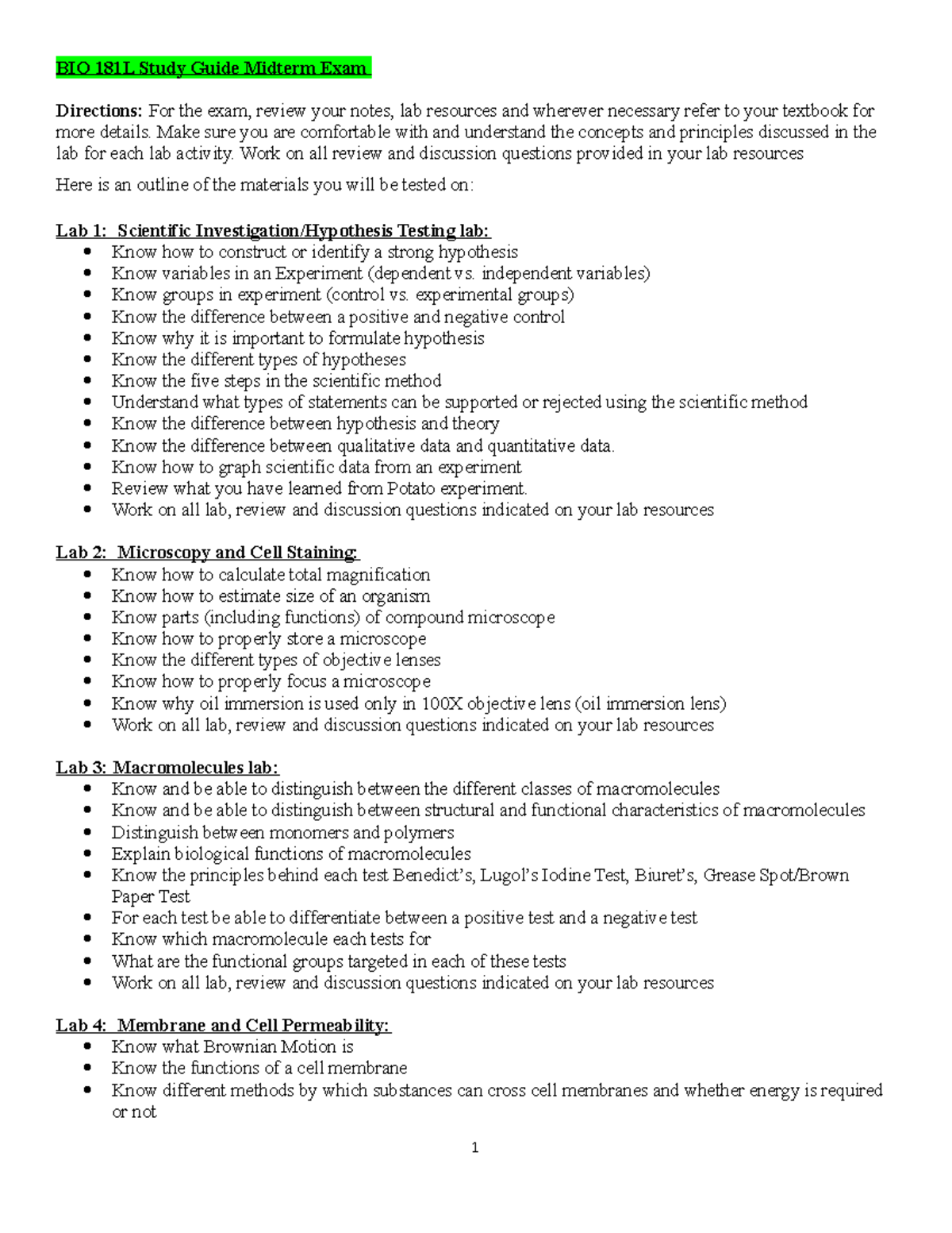 BIO 181L Midterm Study Guide: Key Lab Concepts & Principles - Studocu