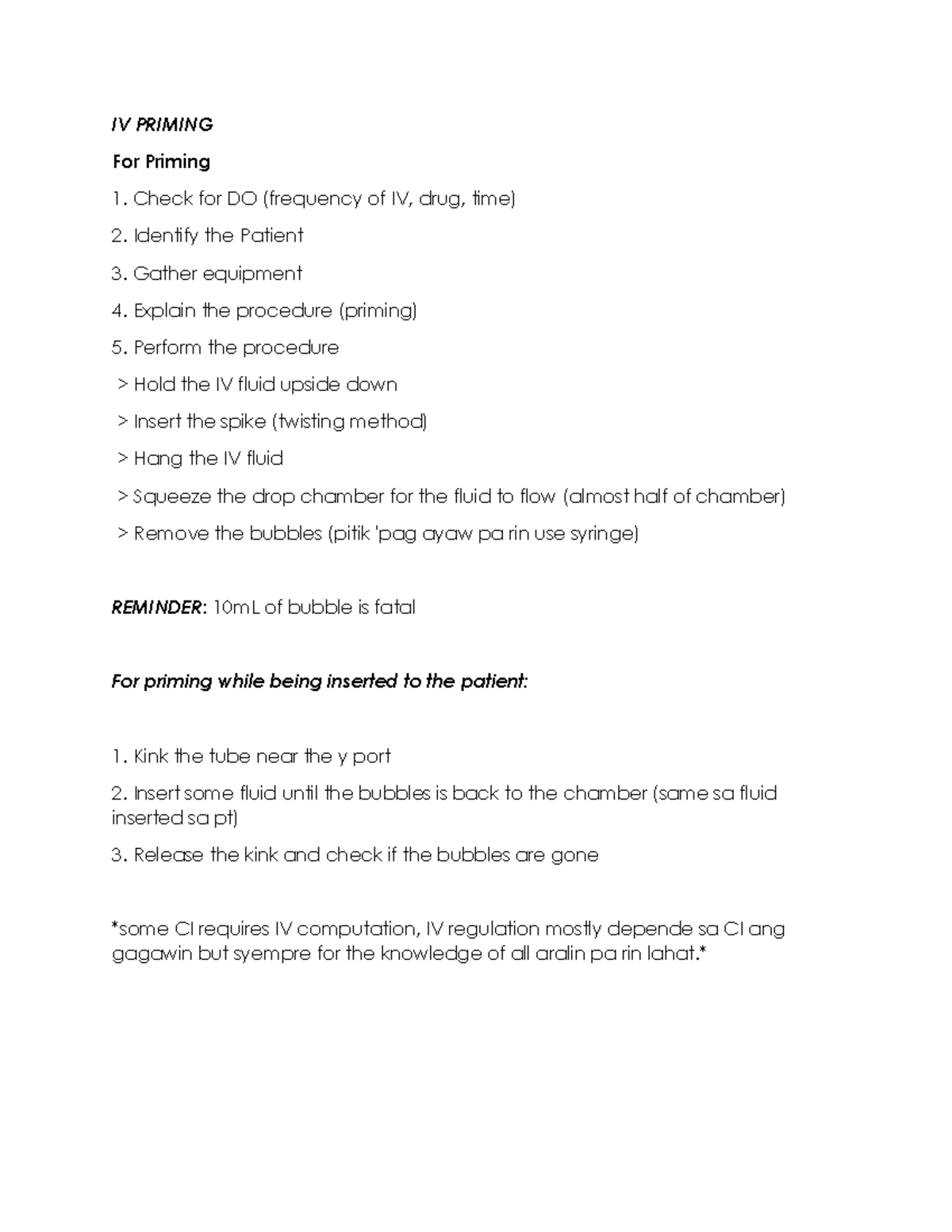 IV Priming Procedure - Essential Notes for Nursing Practice - Studocu
