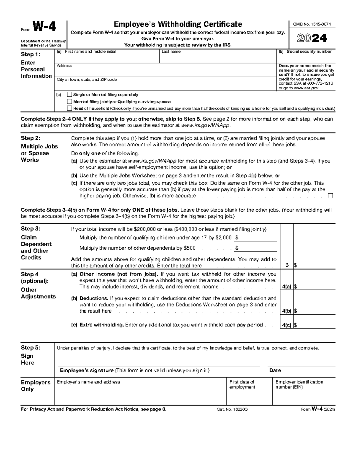 Form W-4 2024: Personal Info & Withholding Certificate Instructions ...