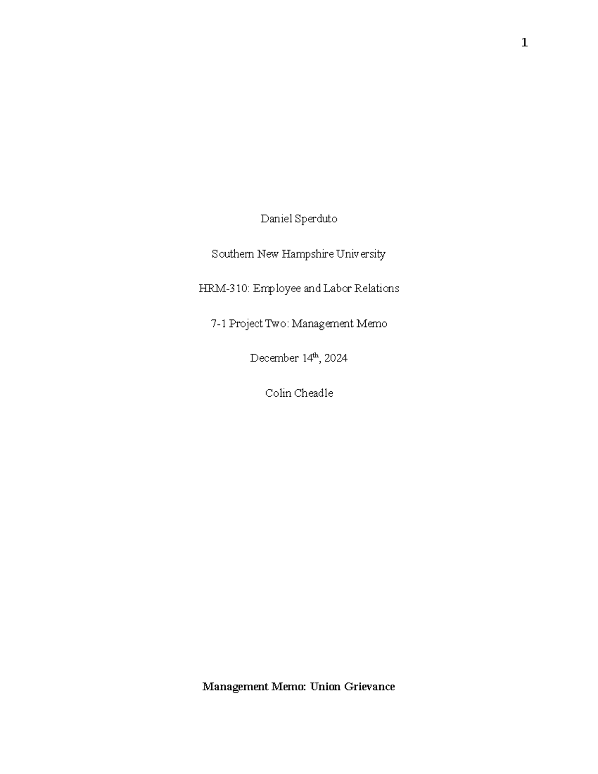 HRM 310 Project Two: Union Grievance Management Memo - Studocu