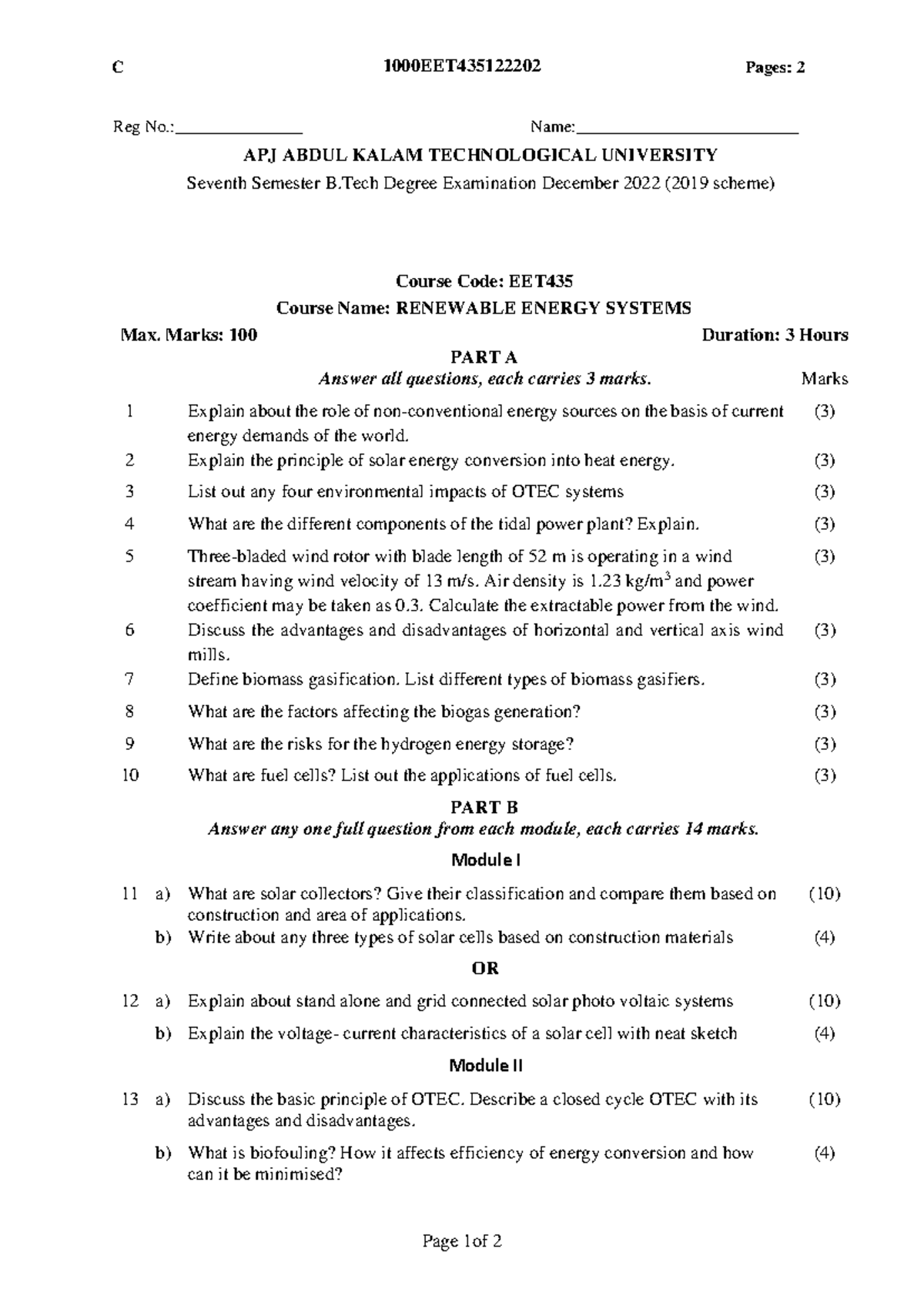 EET435-QP - Renewable Energy Systems Question Paper - Studocu