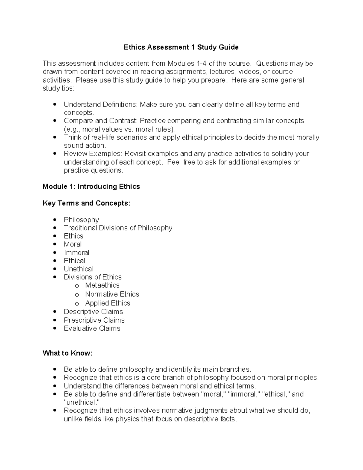 Ethics Assessment 1 Study Guide: Modules 1-4 Overview - Studocu