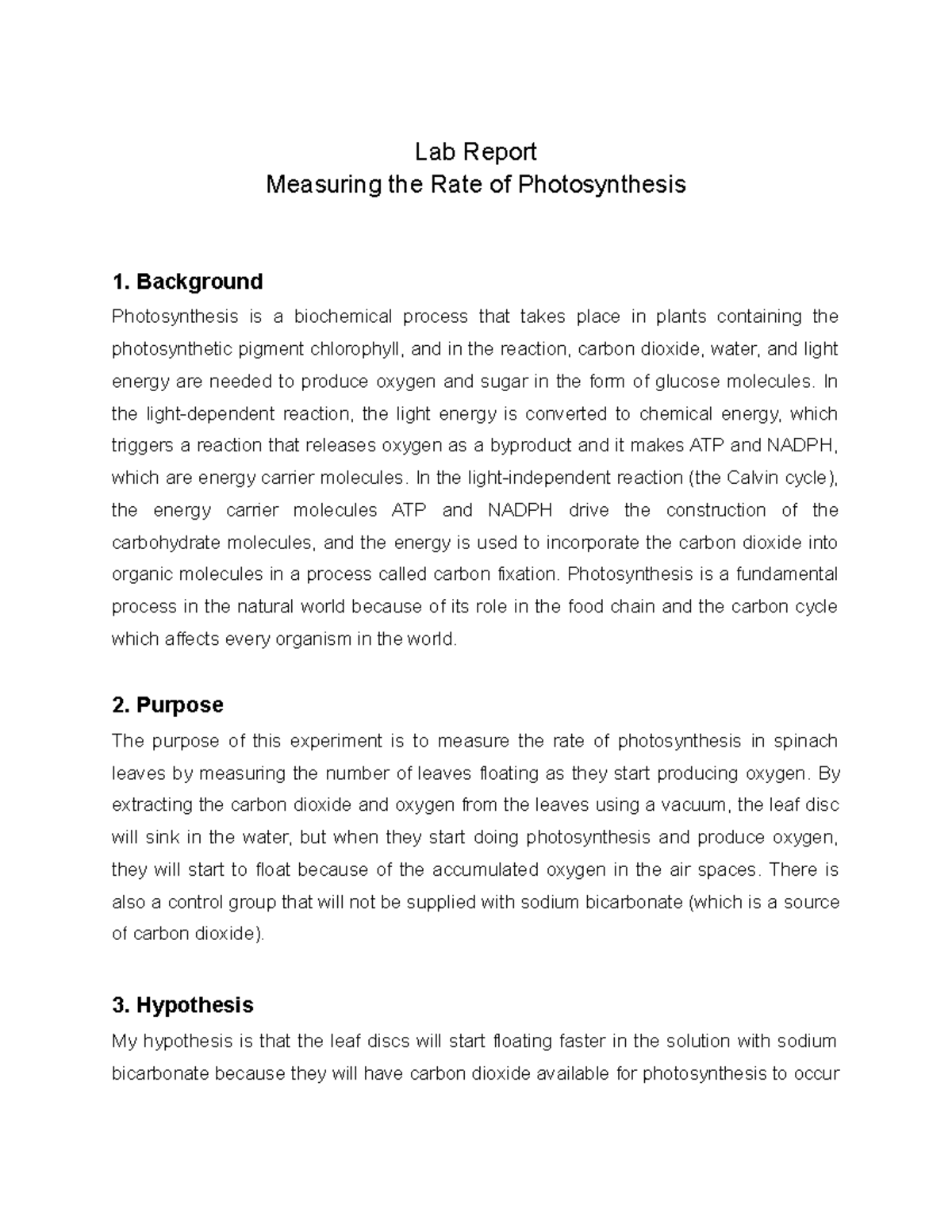Lab Report - Measuring the Rate of Photosynthesis - Background ...