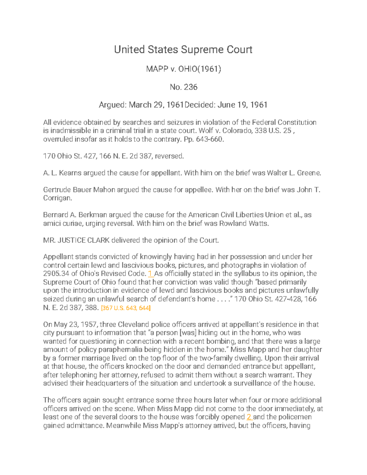 Mapp v. Ohio (1961) - Landmark Case Brief on Evidence Exclusion - Studocu