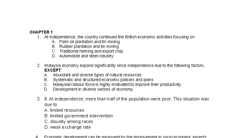CHAPTER 1 TUTORIAL: Economic Development in Malaysia - Studocu