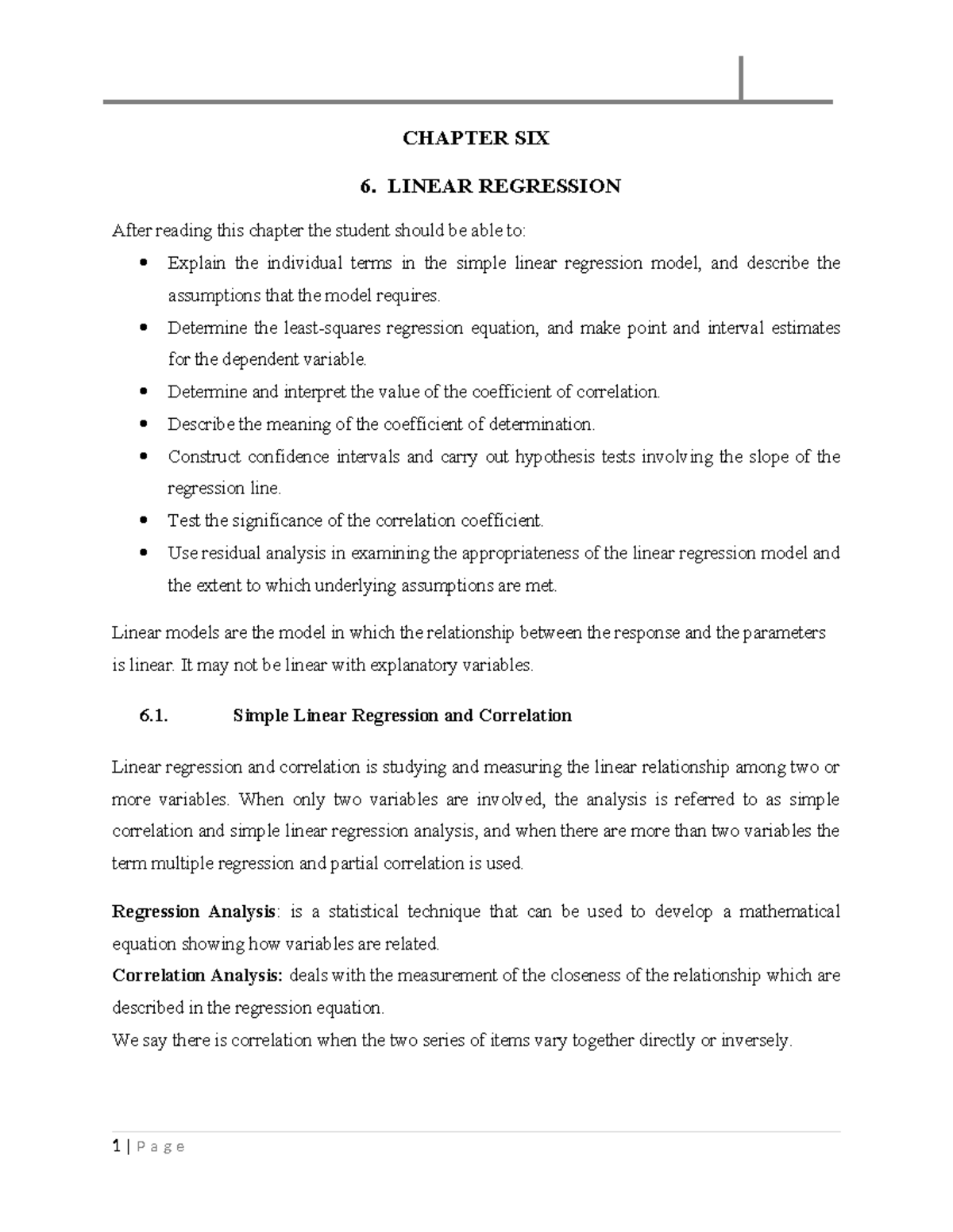 CHAPTER 6: LINEAR REGRESSION AND CORRELATION ANALYSIS - Studocu