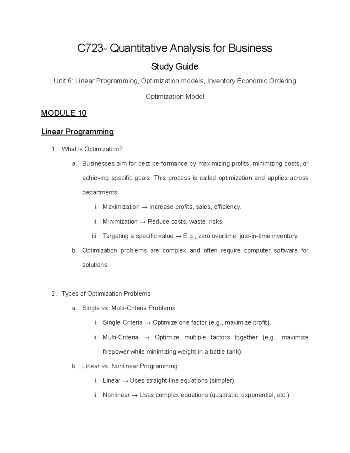 C723 - QA for Business Unit 6: Optimization & Linear Programming Study Guide - Studocu