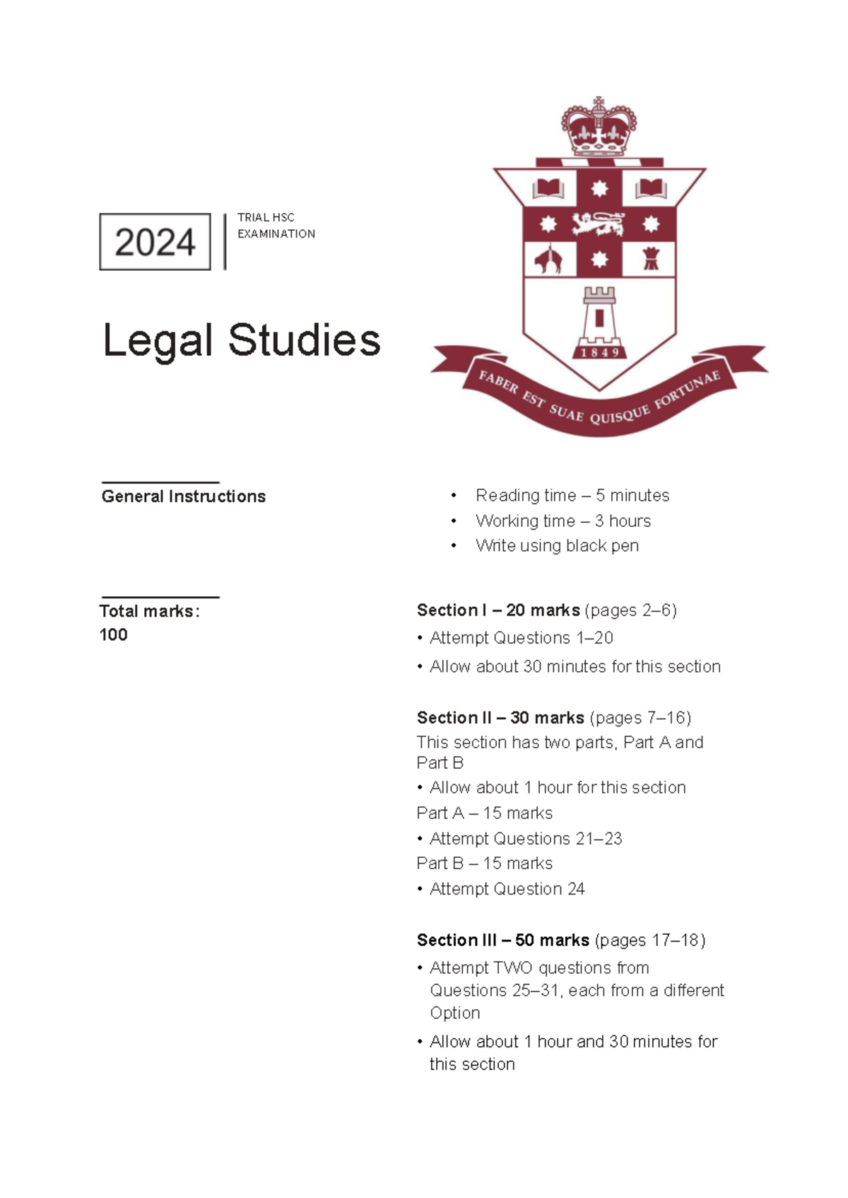 TRIAL HSC EXAMINATION Legal Studies 2024: Questions & Solutions - Studocu