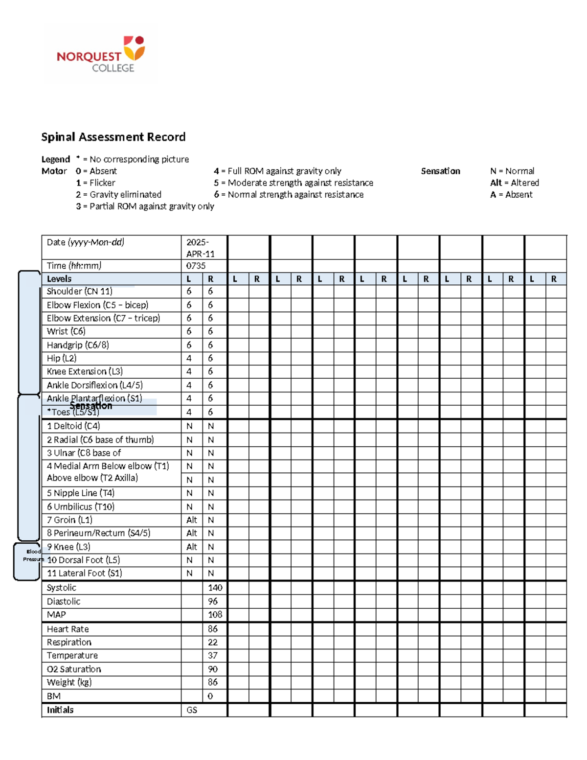 Spinal Assessment Record for Motor and Sensation Evaluation - Studocu