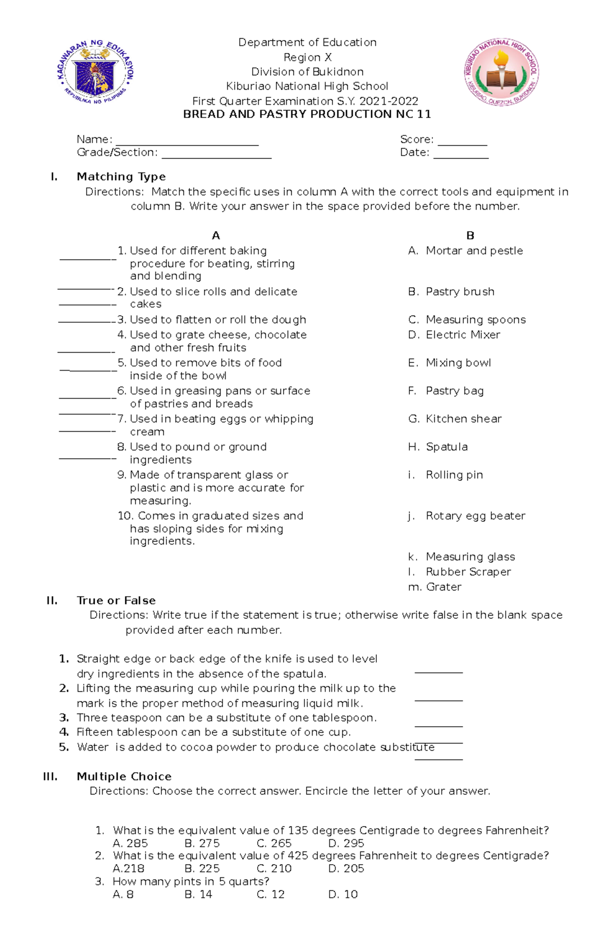BPP First Quarter Exam on Bread and Pastry Production NC 11 - Studocu