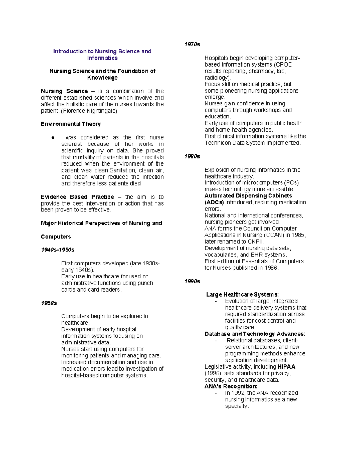 NCM 2011: Evolution of Nursing Informatics from 1970s to 2010s - Studocu