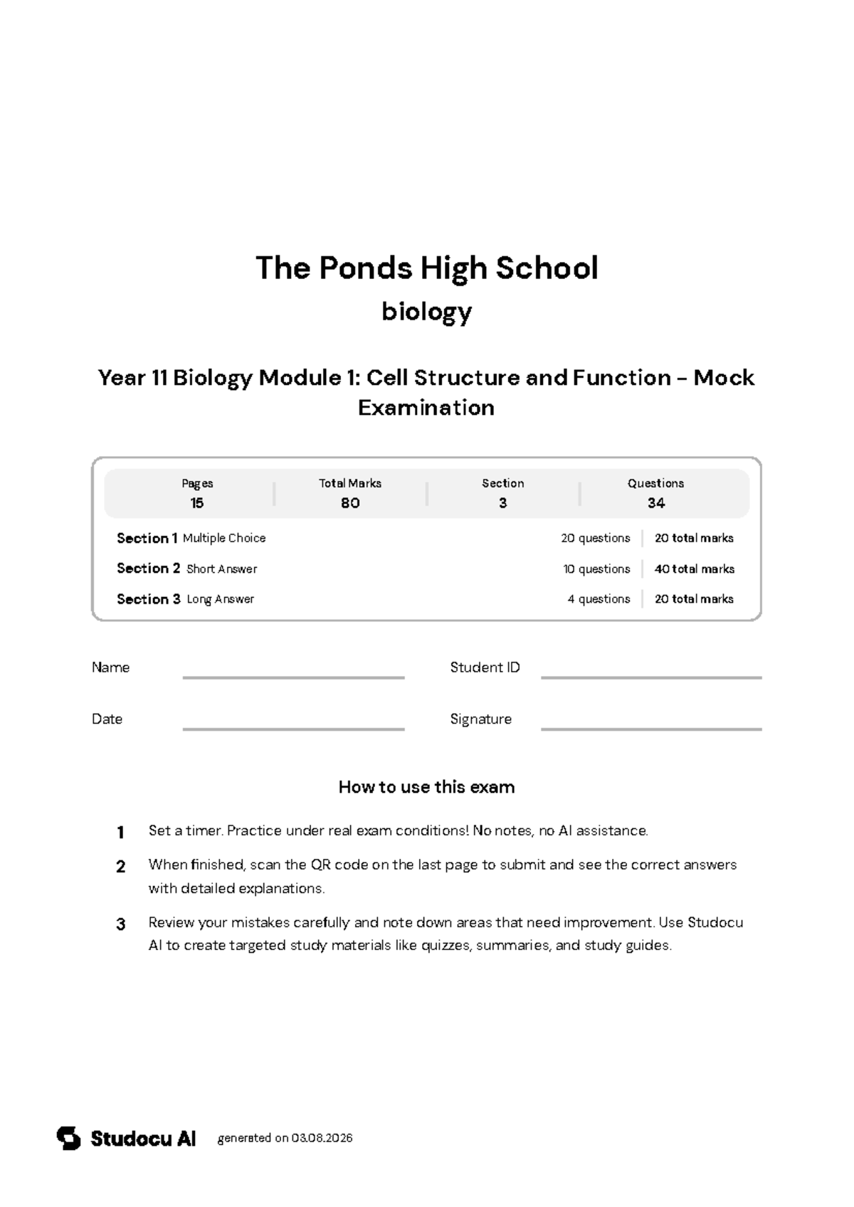 Year 11 Biology Module 1: Cell Structure Mock Exam - Studocu