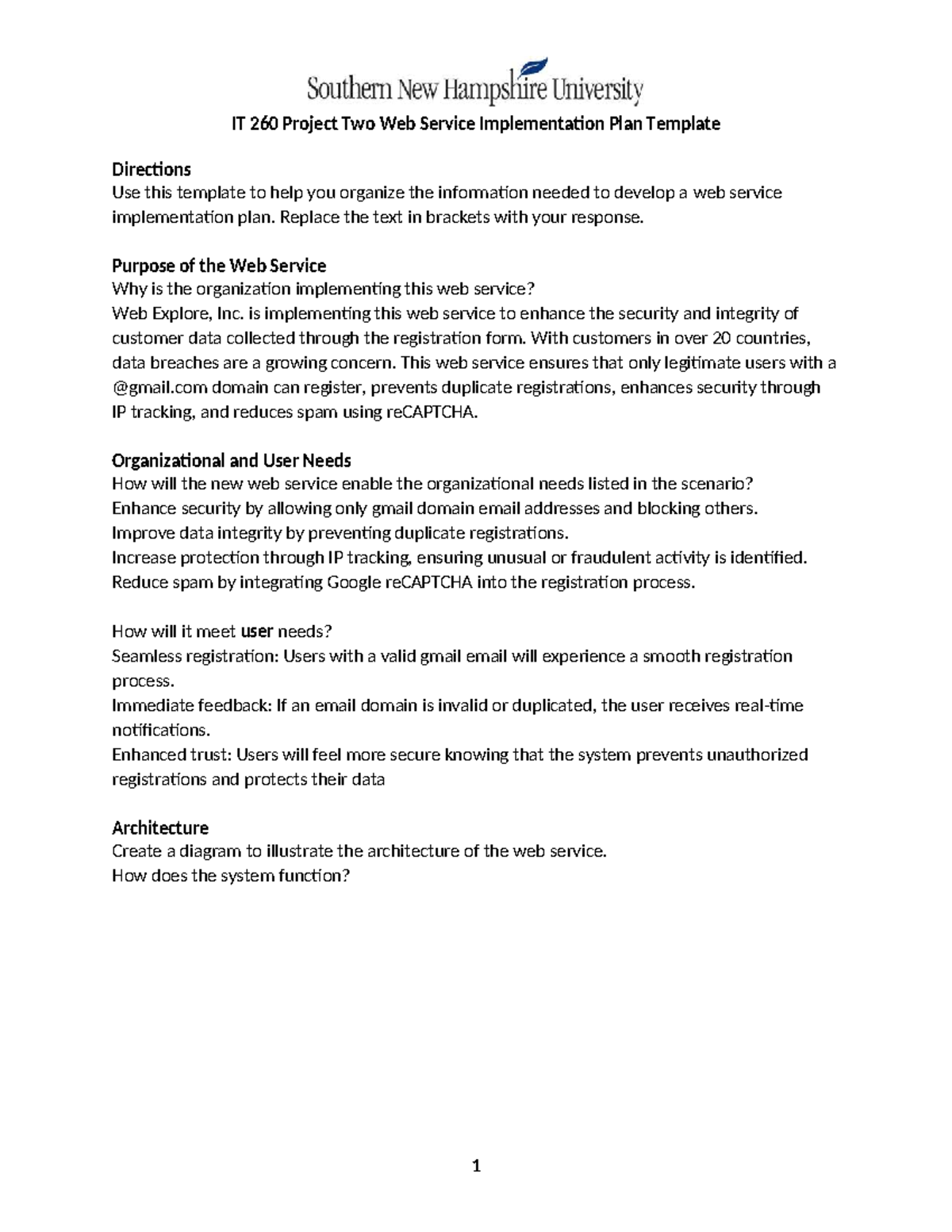 IT 260 Project 2: Web Service Implementation Plan Template Guide - Studocu