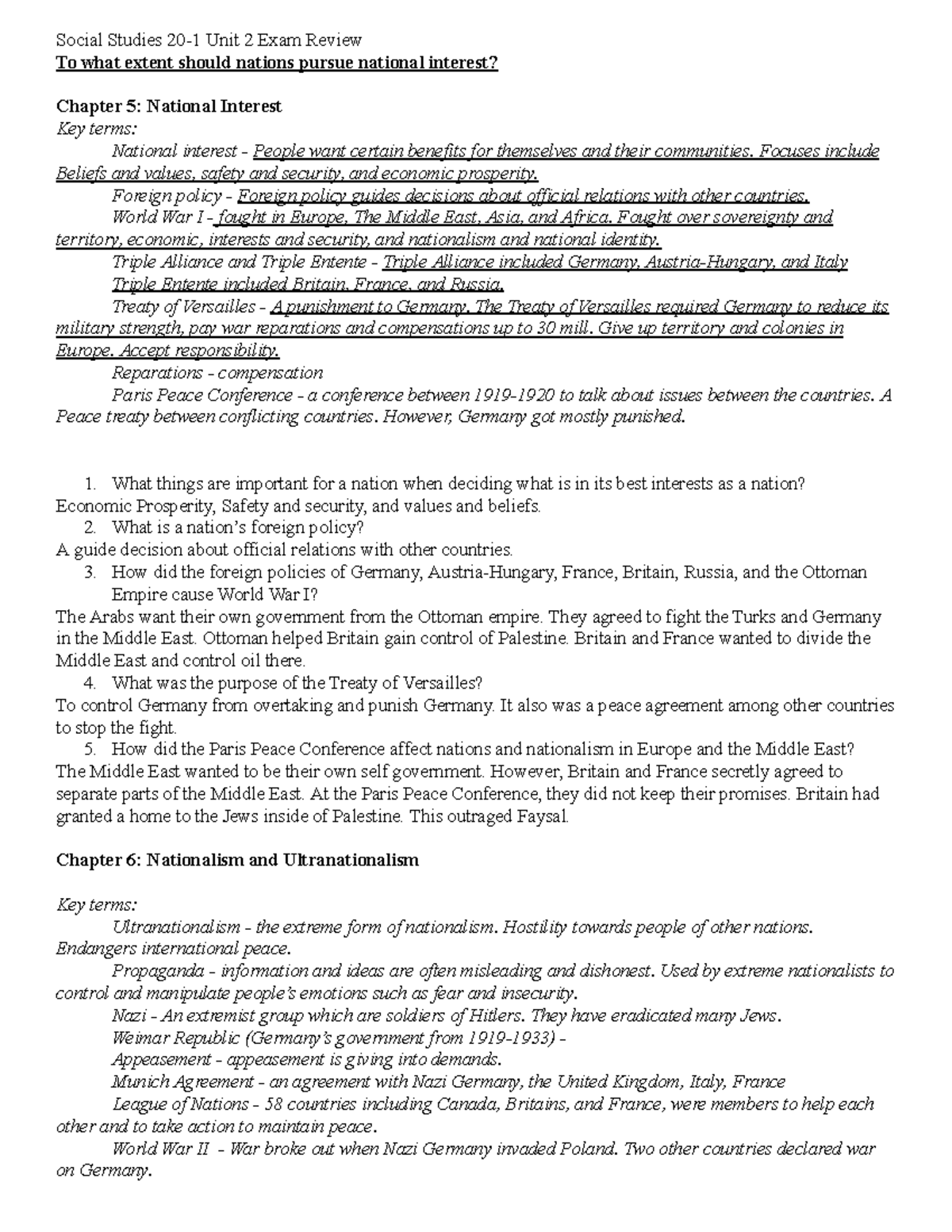 Social Studies 20-1 Unit 2 Exam Review: National Interest ...